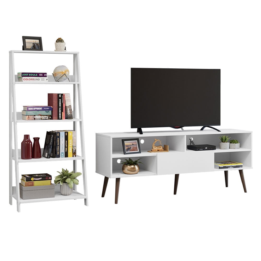 Madesa 2-Piece TV Stand and Ladder Shelf Set: 59" Entertainment Center ...