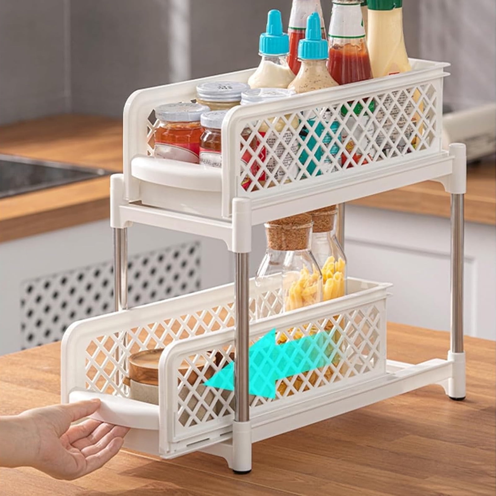 Cabinet Organizer, 2 Tier Plastic Multipurpose Organizer with Divided ...