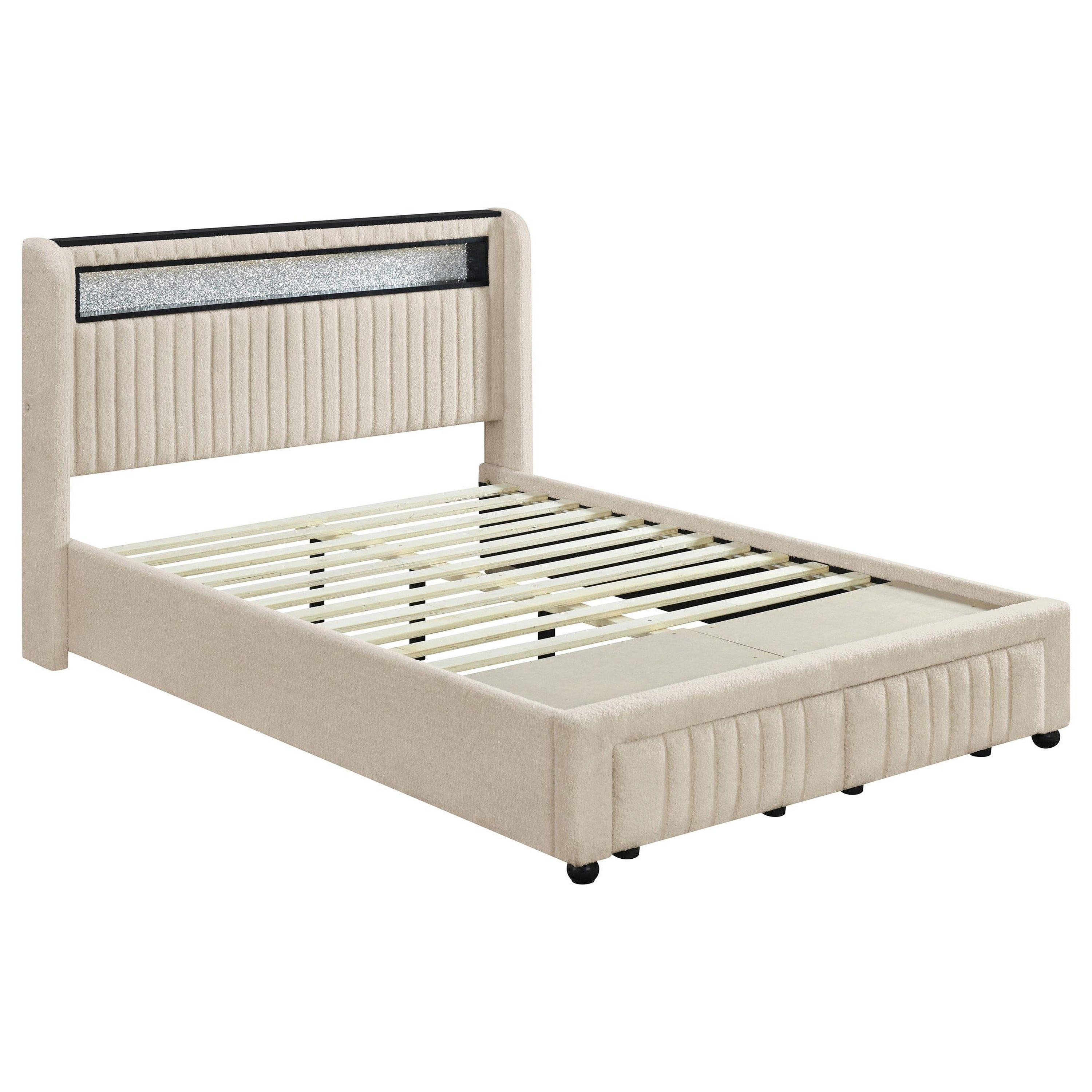 Madie Full Platform Bed, LED and Storage, Cream Channel Tufted Boucle ...