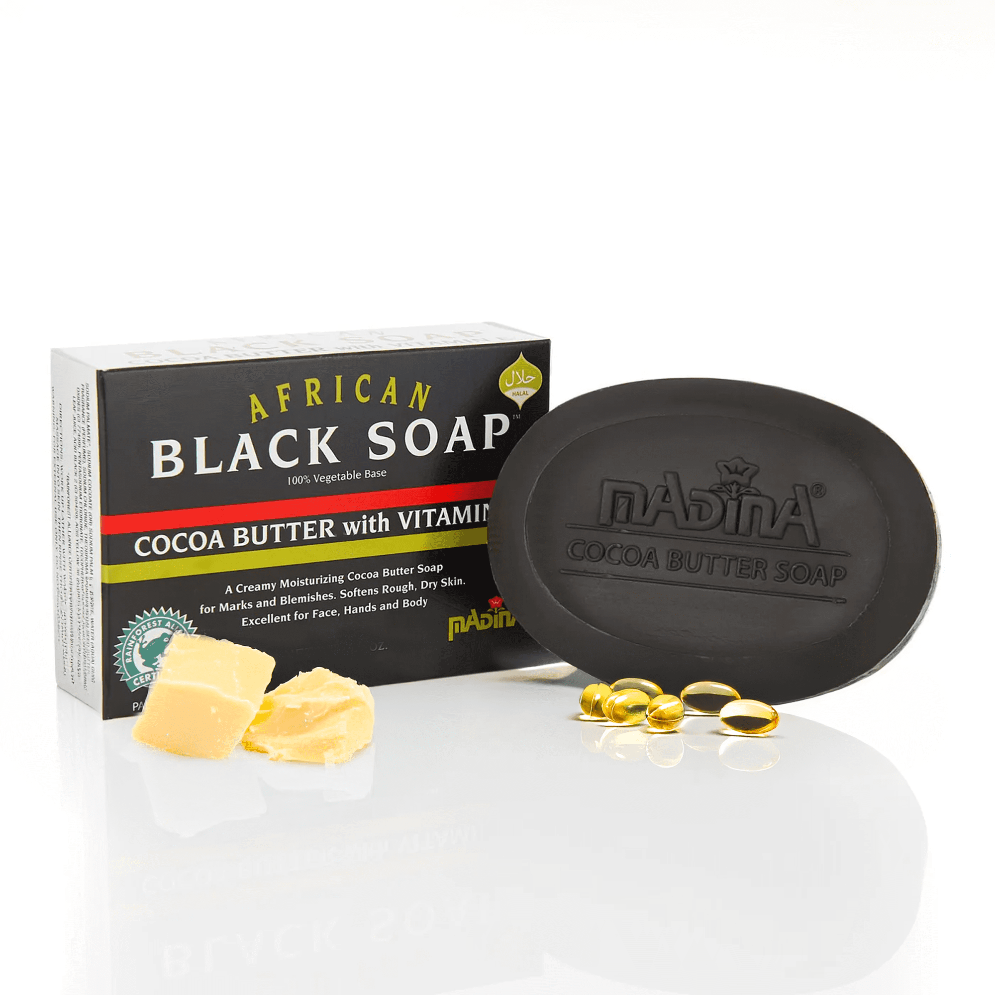 Madina African Black Soap, Cocoa Butter & Vitamin E, Moisturizing ...