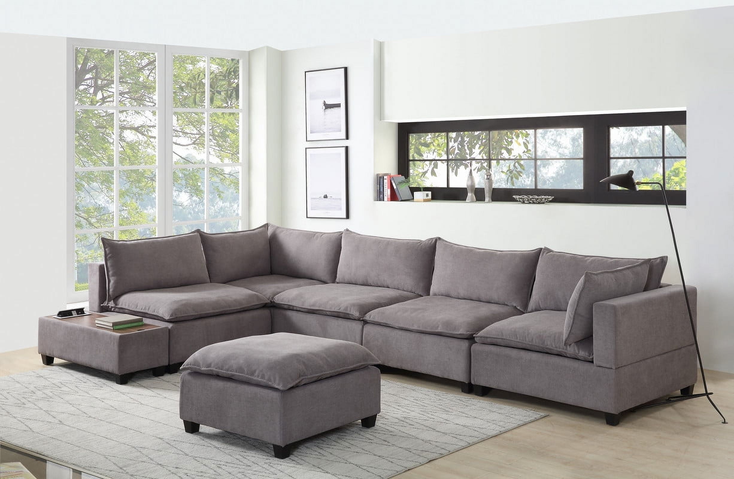 Madison 157” Light Gray Fabric 7 Piece Modular Sectional Sofa with ...