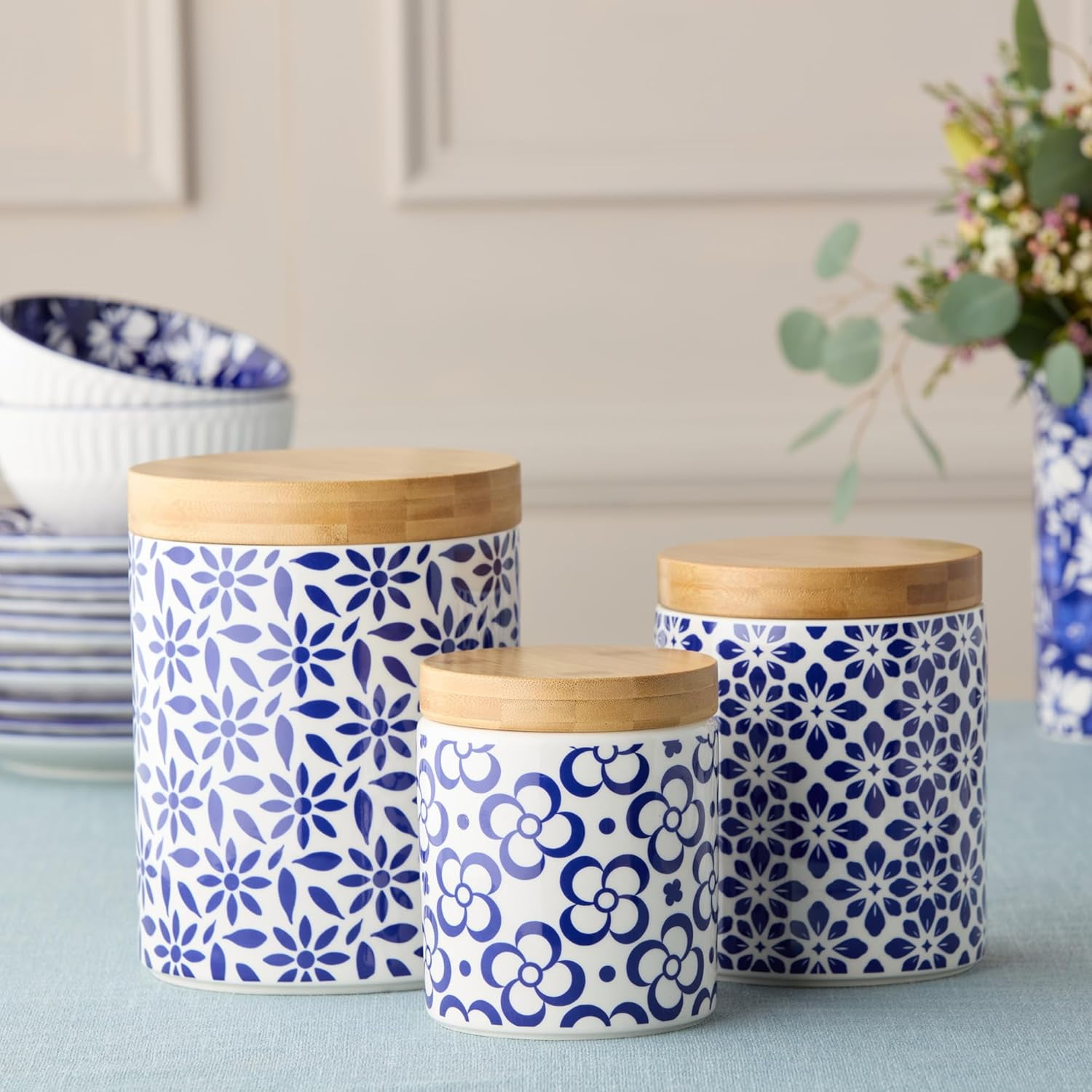 Madison 3pc Canister Set - Premium Porcelain with Lids, Blue and White ...