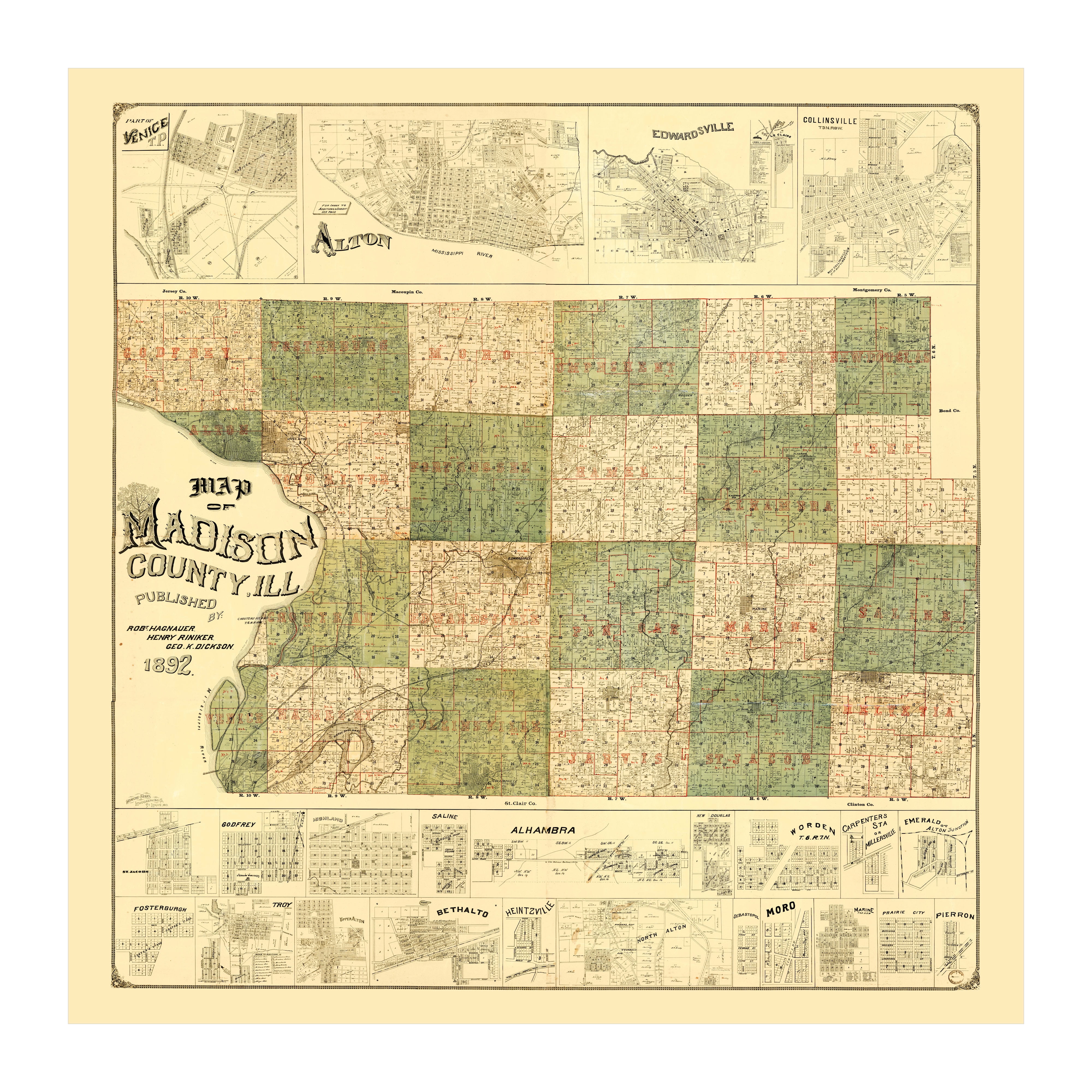 Madison County Illinois Art, 1892 Vintage Map of Madison County IL ...