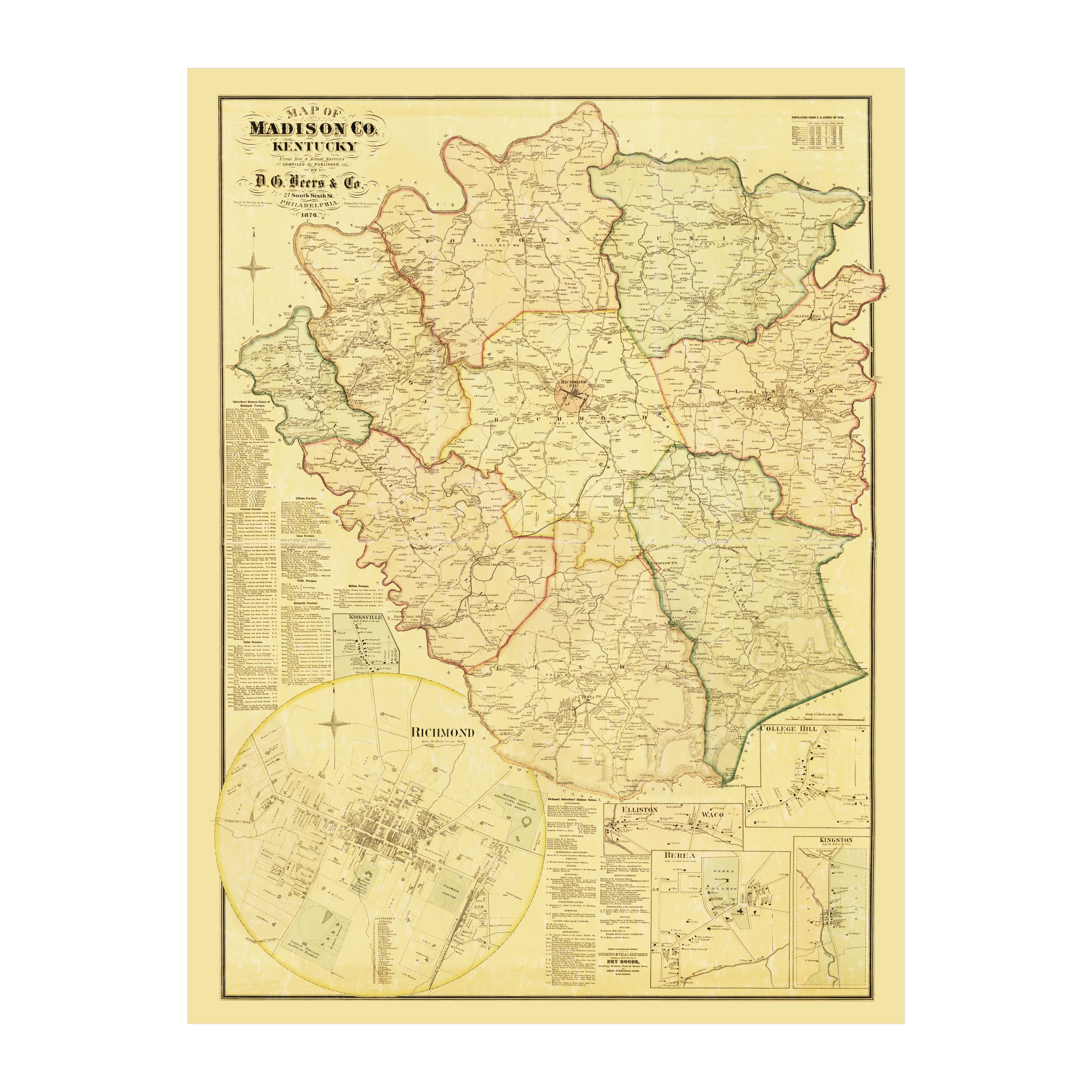 Madison County Kentucky Art, 1876 Vintage Map of Madison County KY ...