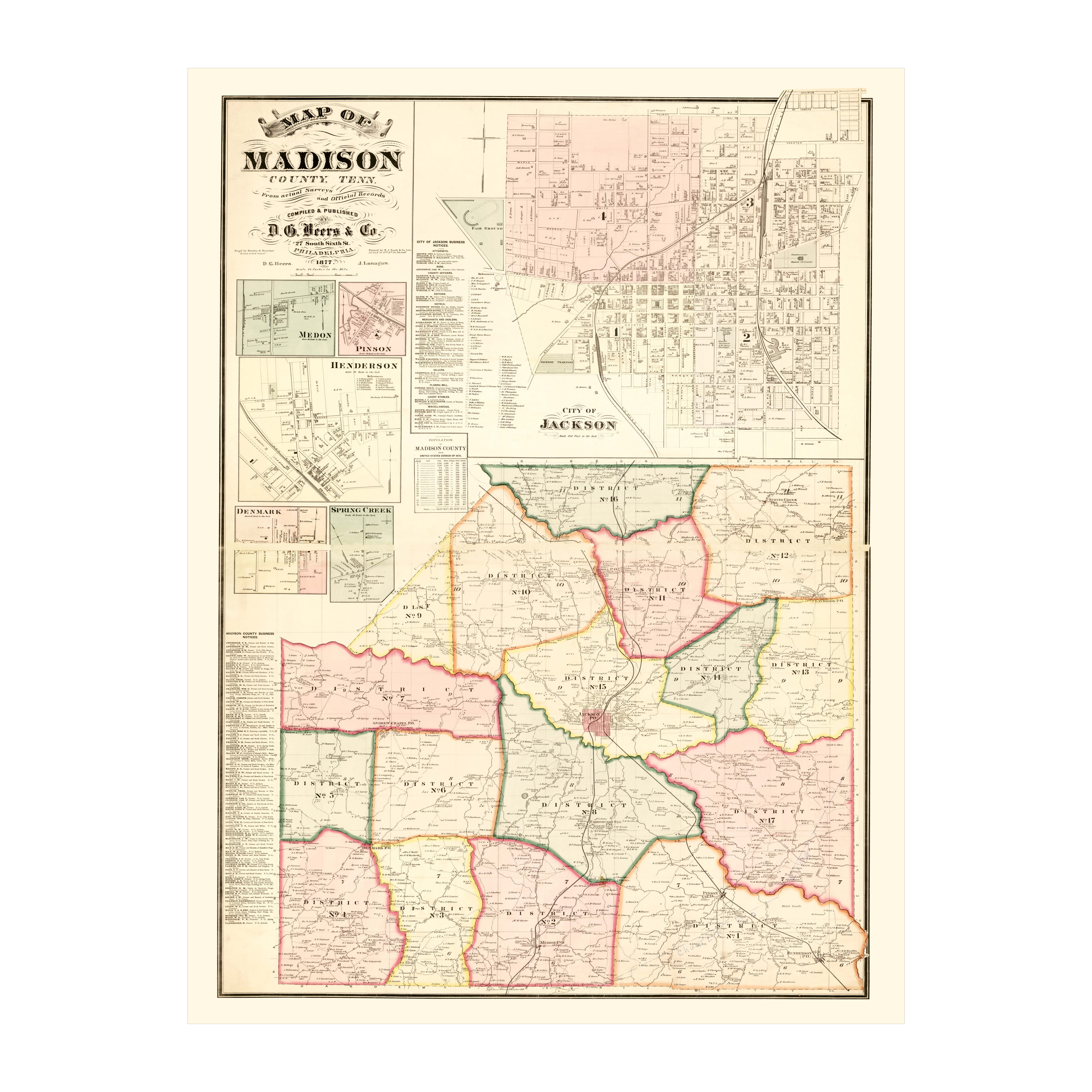 Madison County Tennessee Art, 1877 Vintage Map of Madison County TN ...