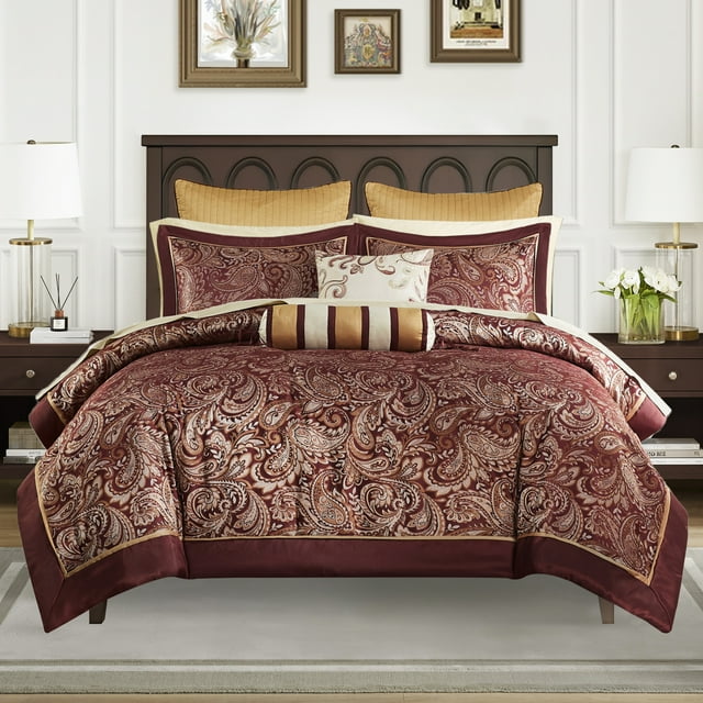 Madison Park Aubrey 12-Piece Queen Comforter Set, Red Paisley Jacquard, Cotton Sheet Set, Bed in ...