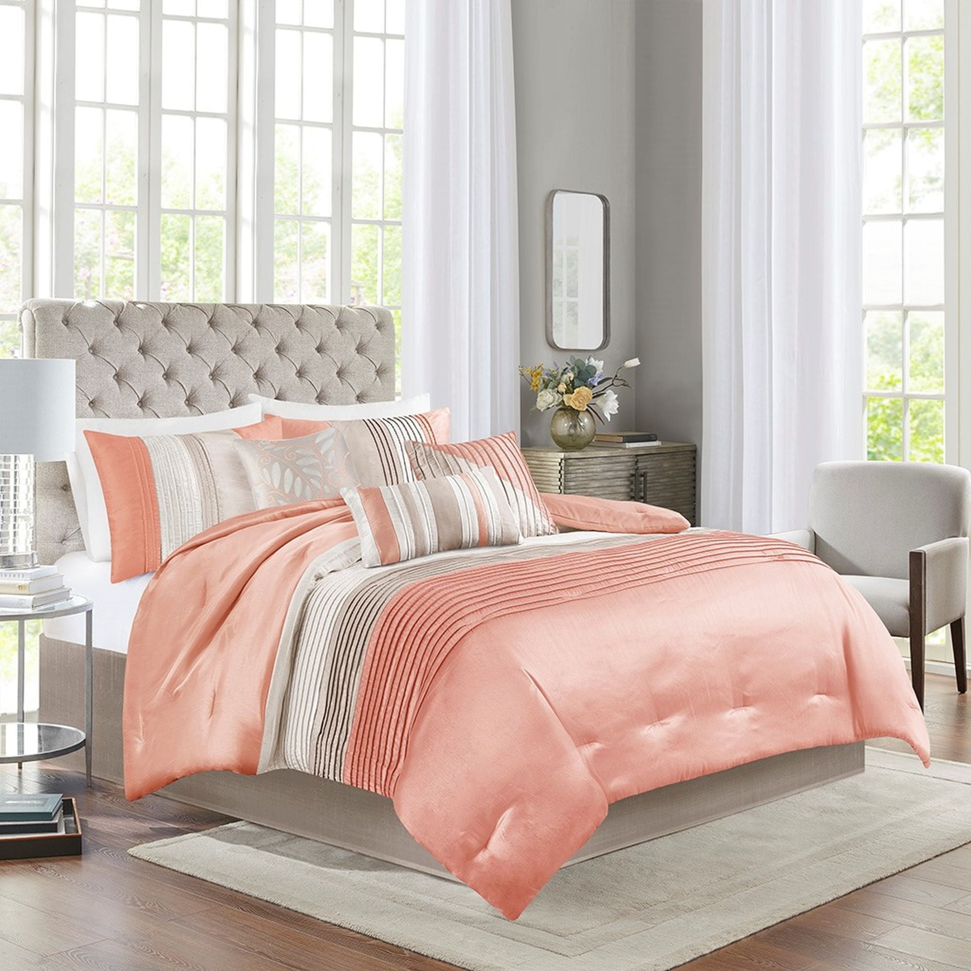 Madison Park Amherst 7-Piece Pintuck King Comforter Set Coral - Walmart.com