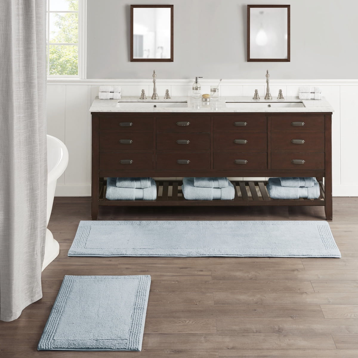 Madison Park Blue Cotton Bath Rug Non Slip Bathroom Mats Set 20x60 ...