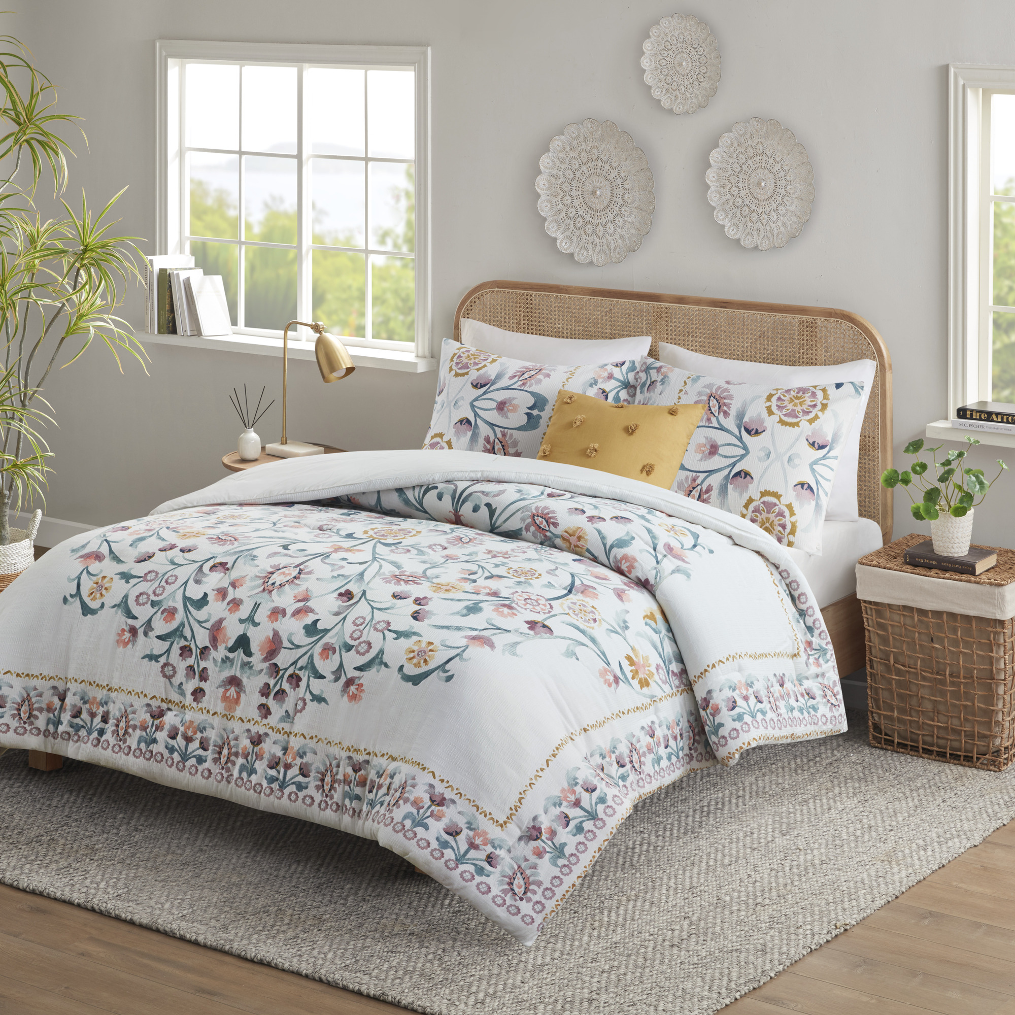 My Texas House Caroline 3-Piece Blue Floral Slub Comforter Set, King ...