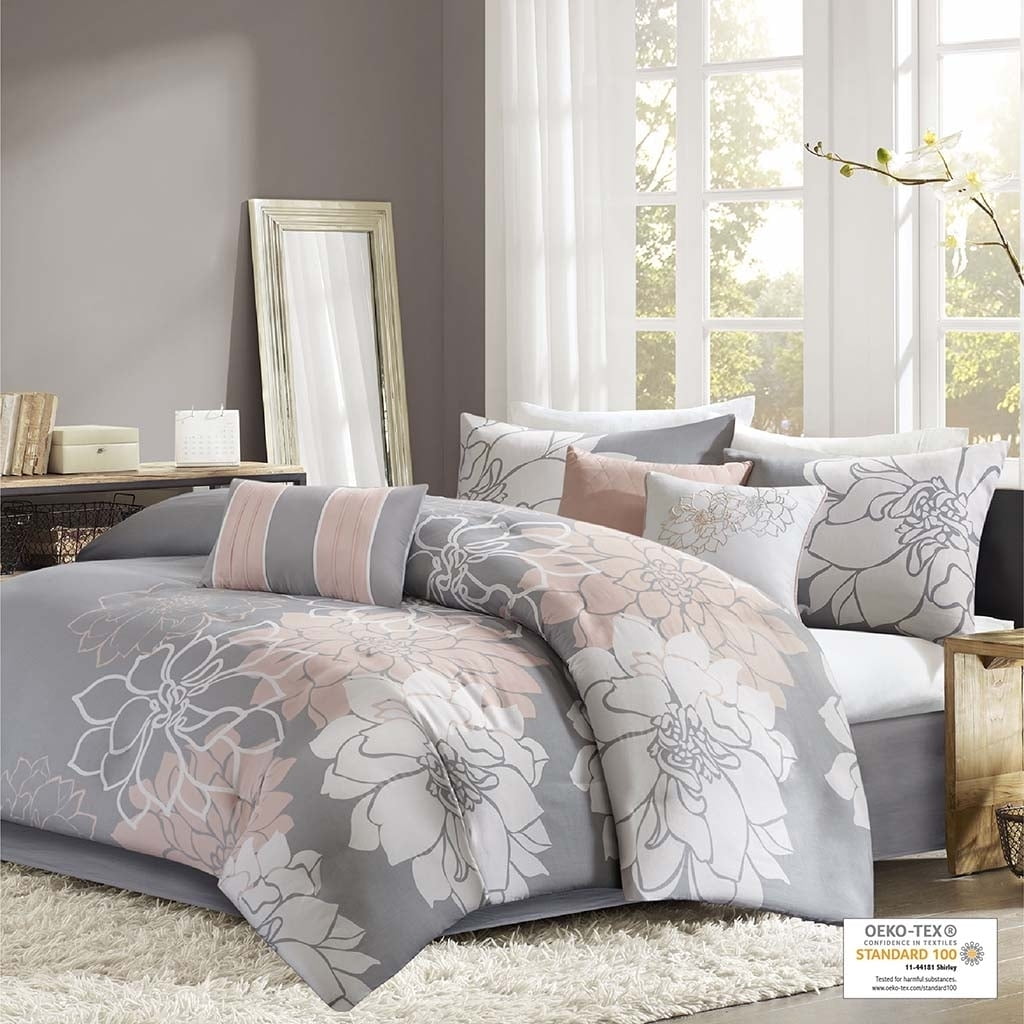 Pink and grey queen comforter set store