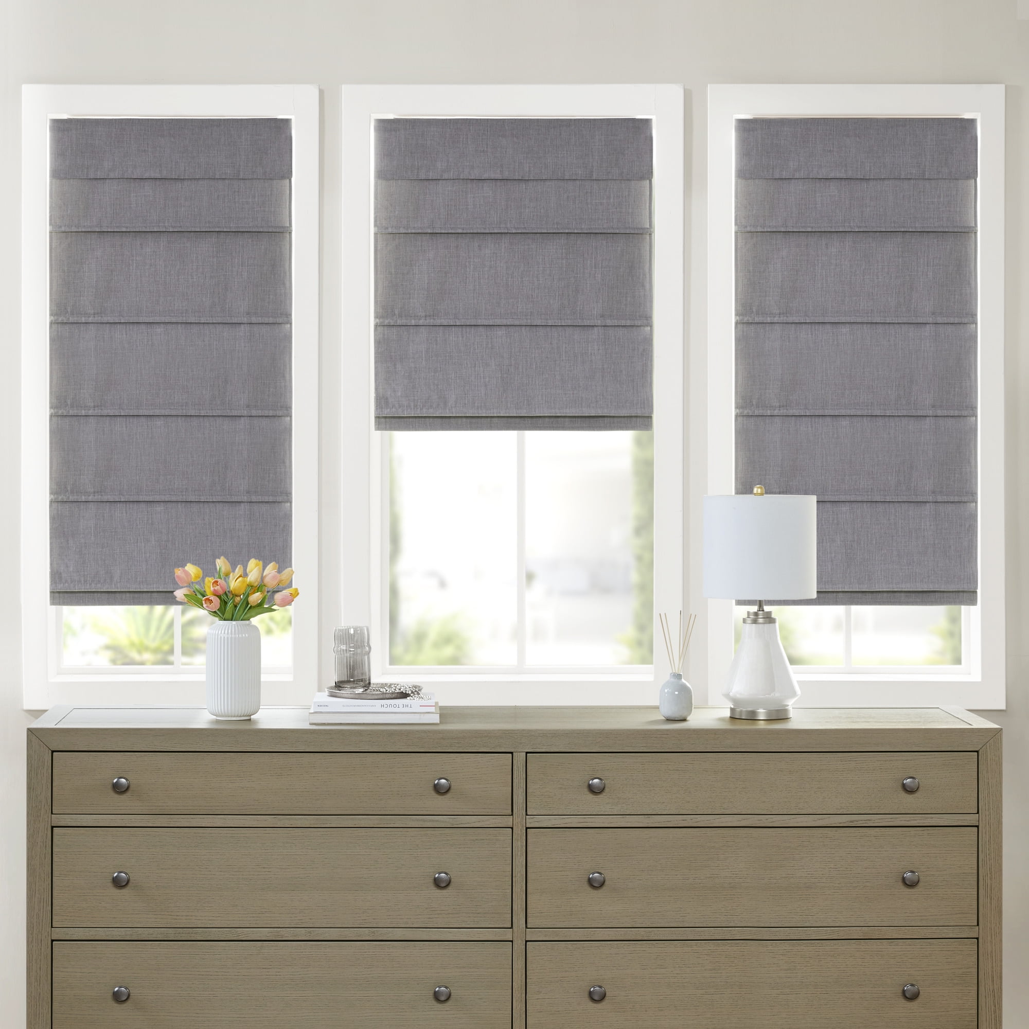 Madison Park Otis Faux Linen Cordless Total Blackout Roman Shade, Grey ...