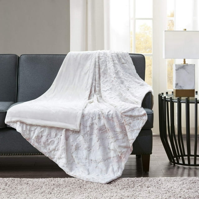 Madison Park Polyester Marble Printed Knitted Long Fur Throw MP50-6877 ...