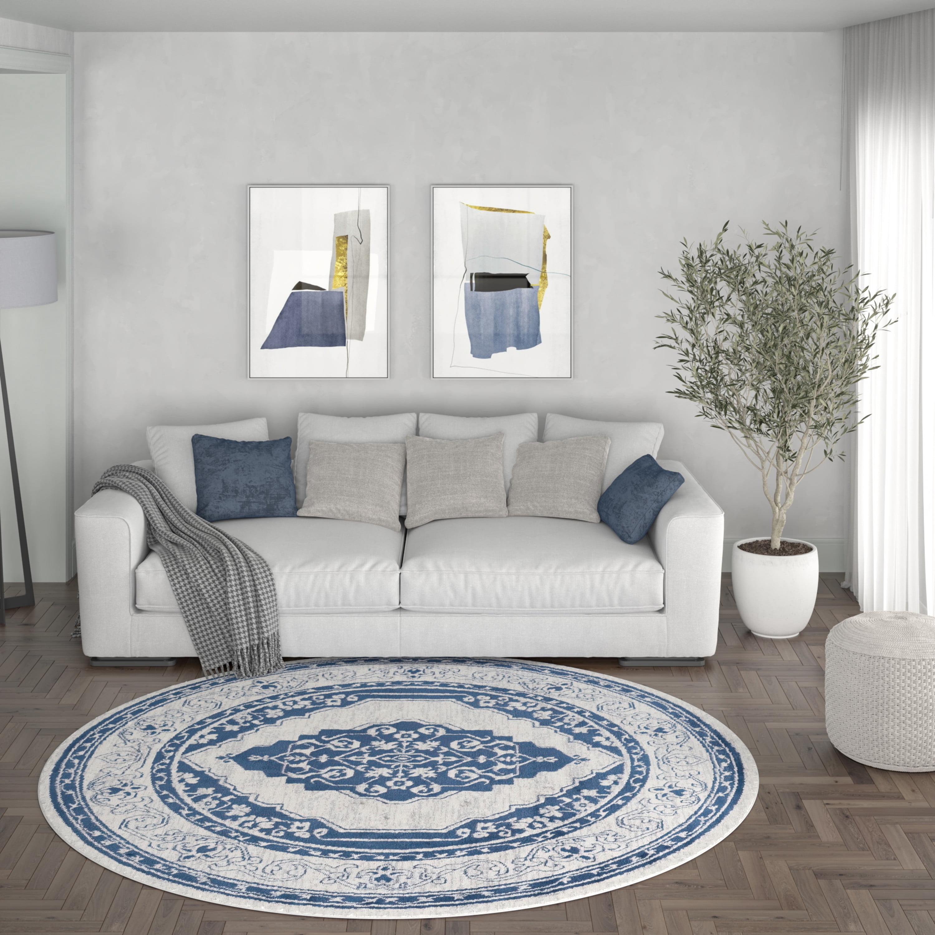 Madison Traditional 8 Round Navy & Cream Area Rug - Walmart.com