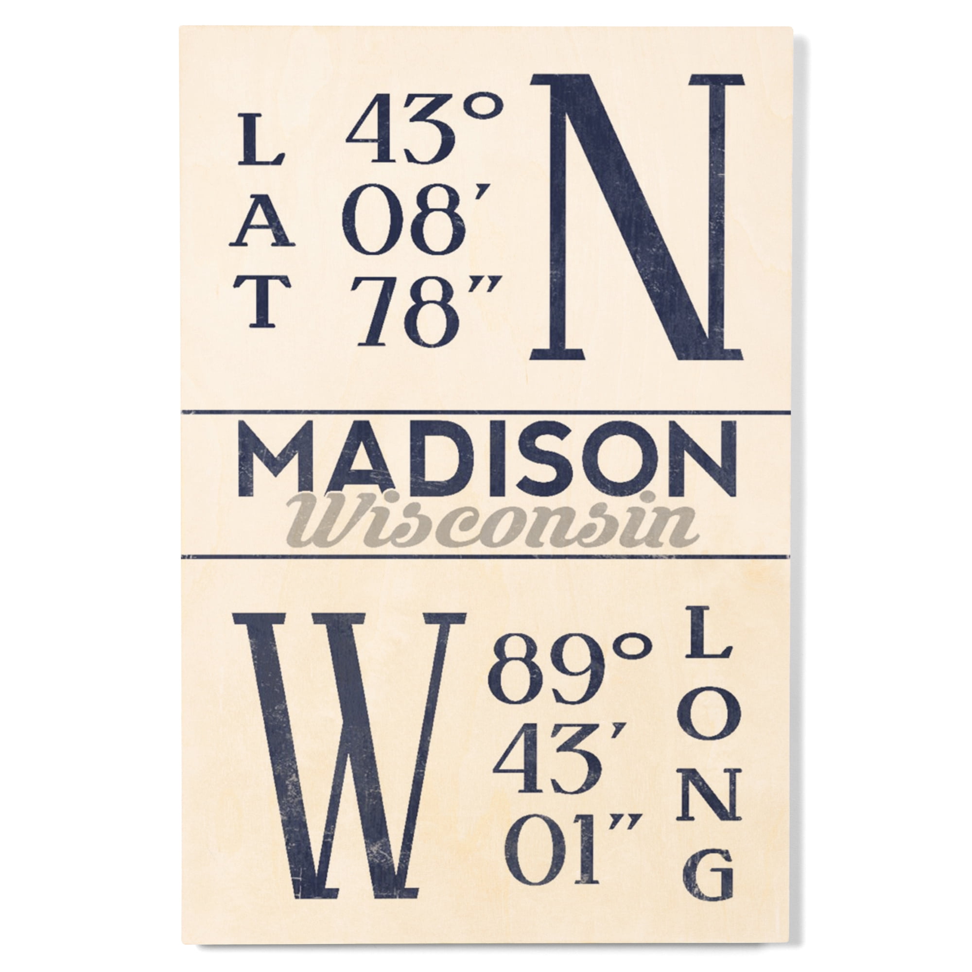 Madison, Wisconsin, Latitude and Longitude (Blue) Birch Wood Wall Sign ...