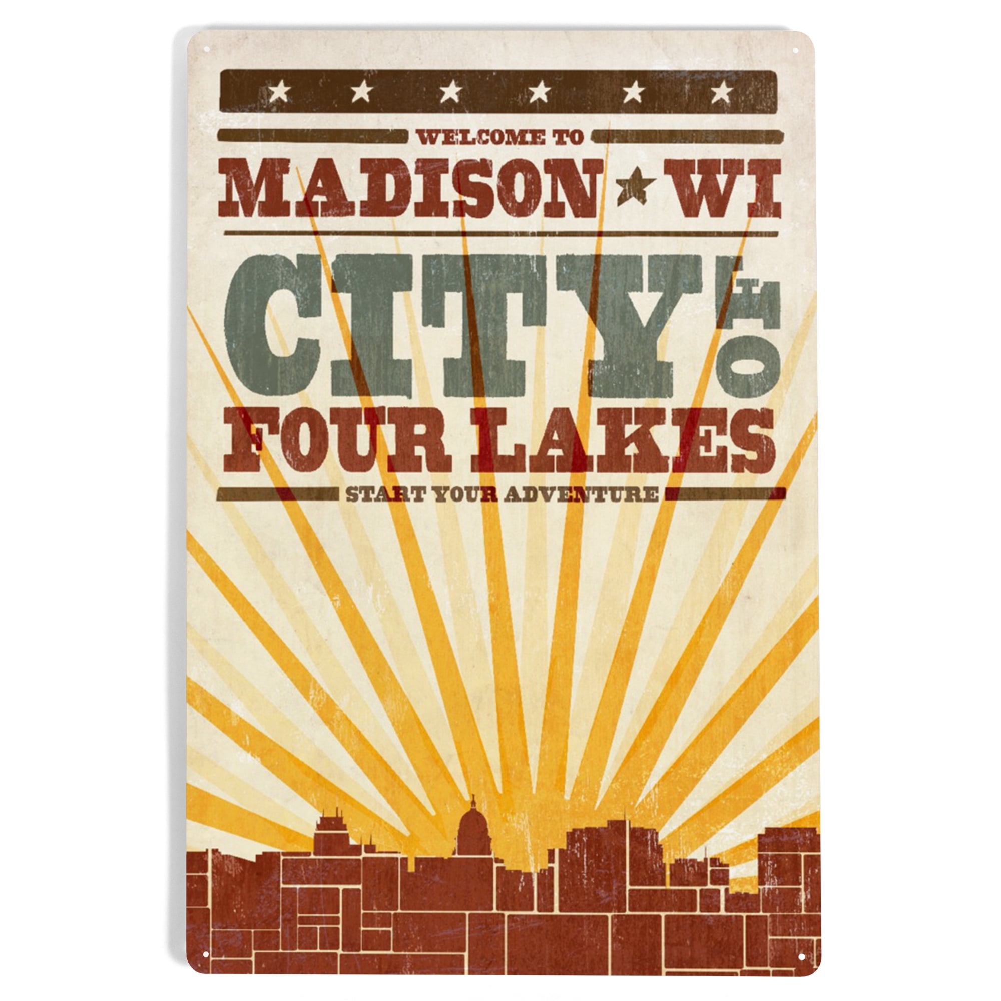 Madison, Wisconsin, Skyline and Sunburst Screenprint Style (12x18 ...