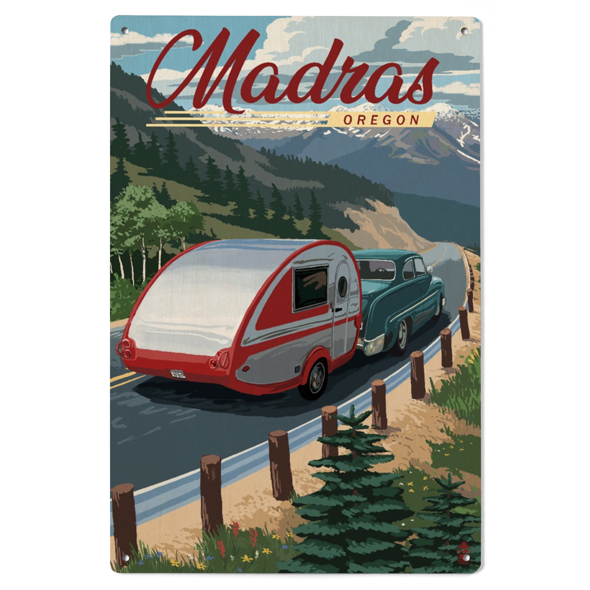 Madras, Oregon, Retro Camper on Road Birch Wood Wall Sign (6x9 Rustic ...