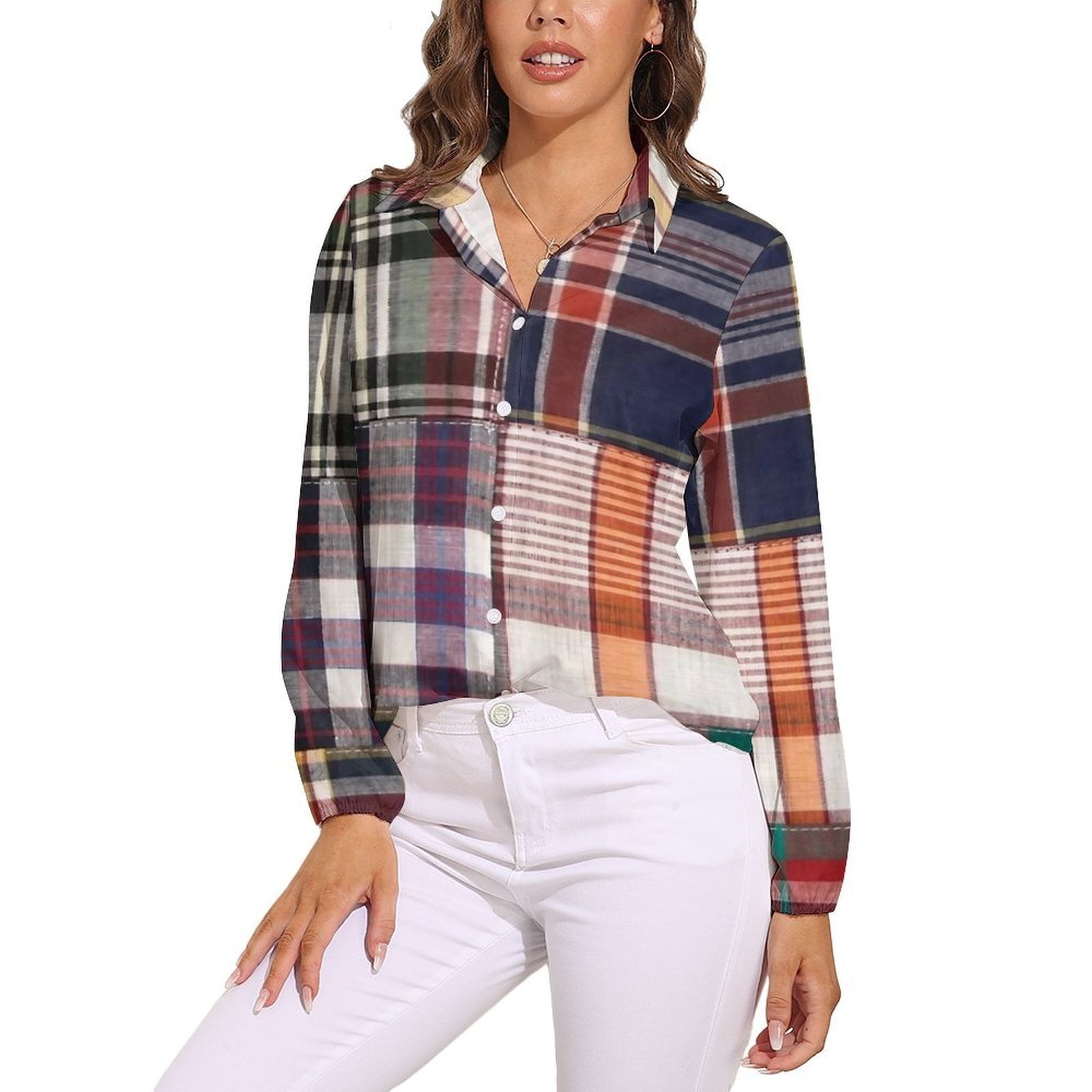 Madras Preppy Patchwork Madras Long Sleeve Blouse Woman Streetwear Casual Shirts Summer Oversize ...