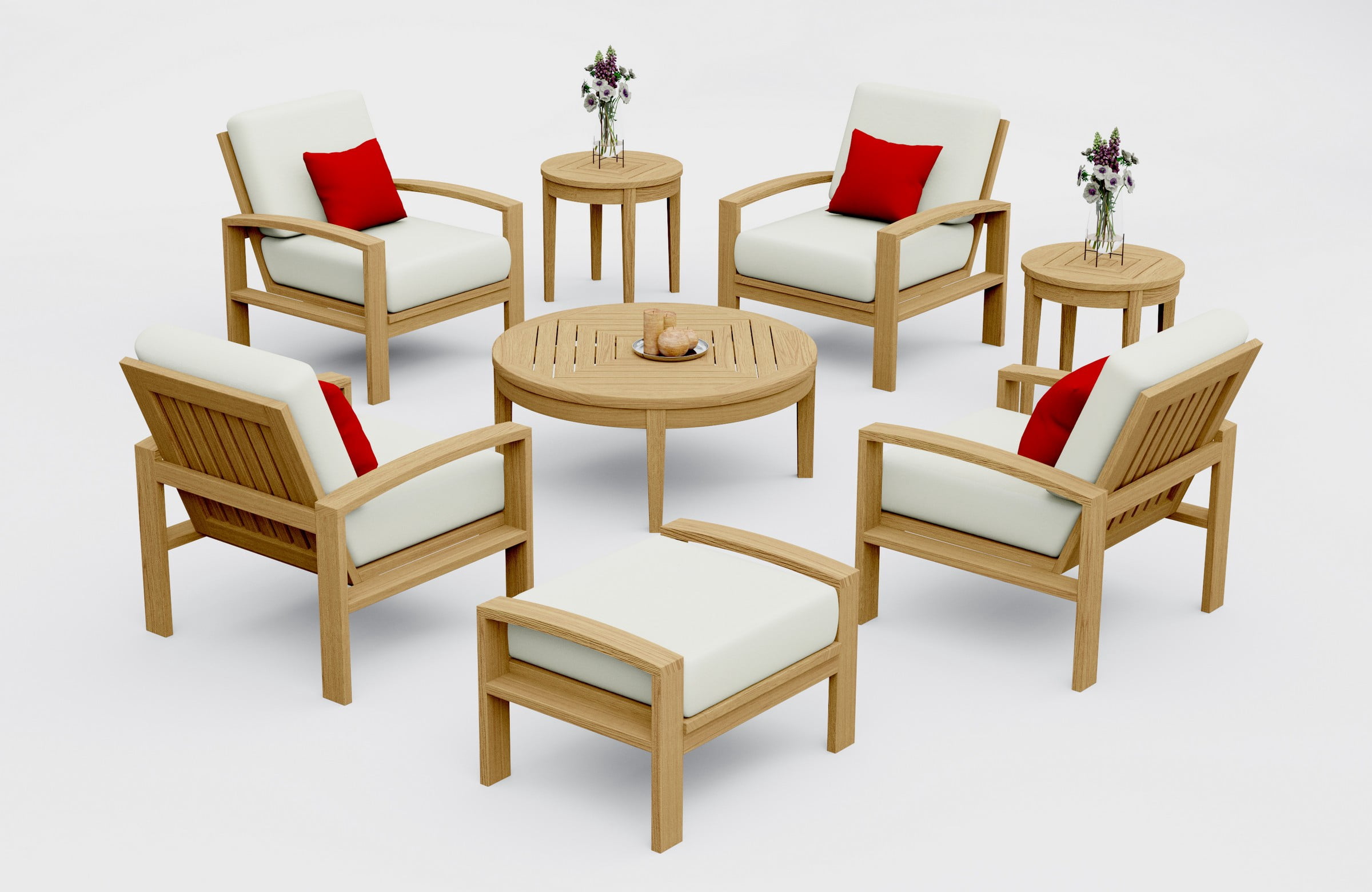 Madras Teak Wood 8 Pc Lounge Chair Set: 4 Lounge Chairs, Ottoman, Round ...