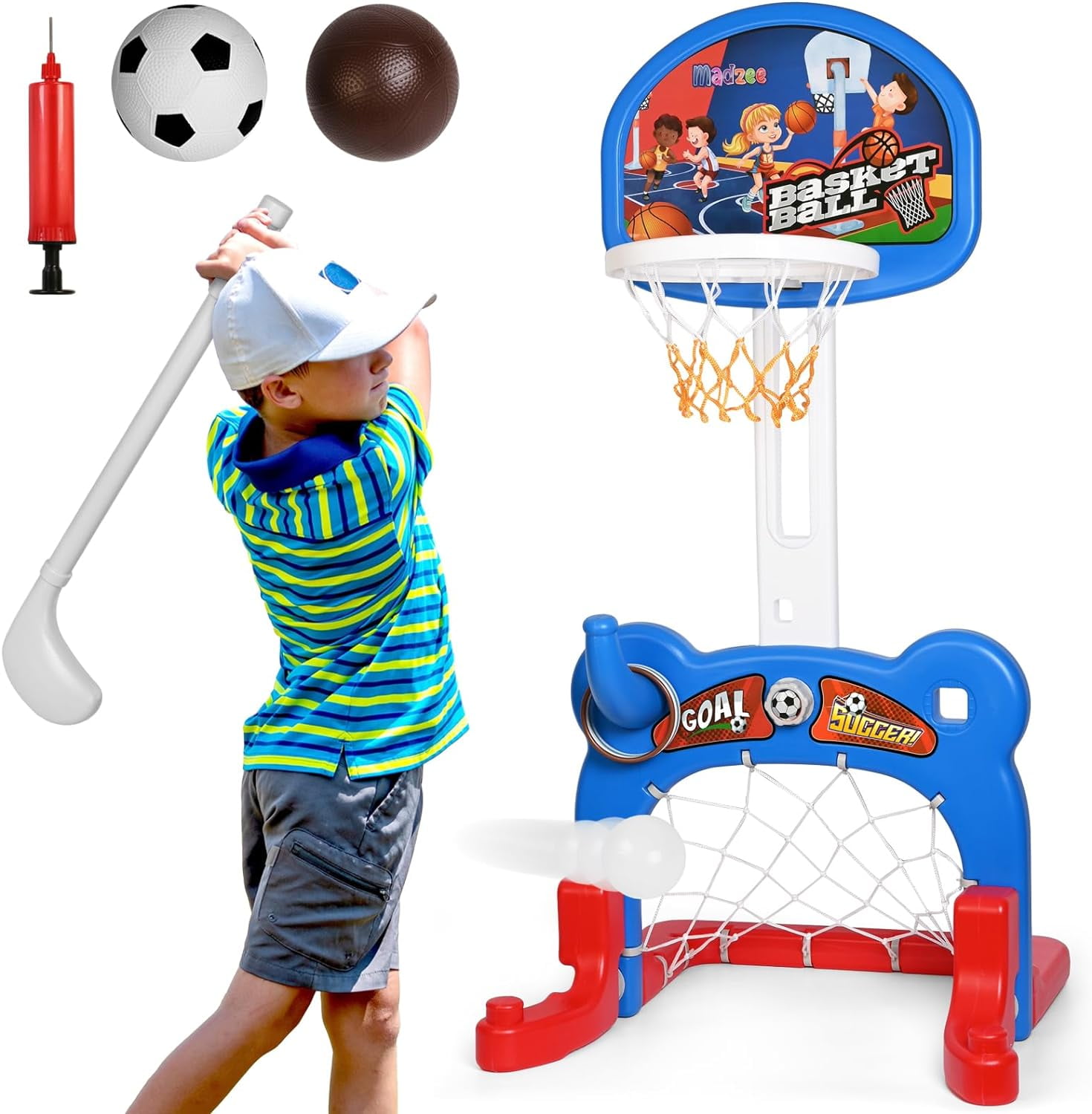 Madzee 4-in-1 Kids Sports Center, Basketball, Soccer, Golf, Ring Toss Game Playset, Indoor and ...