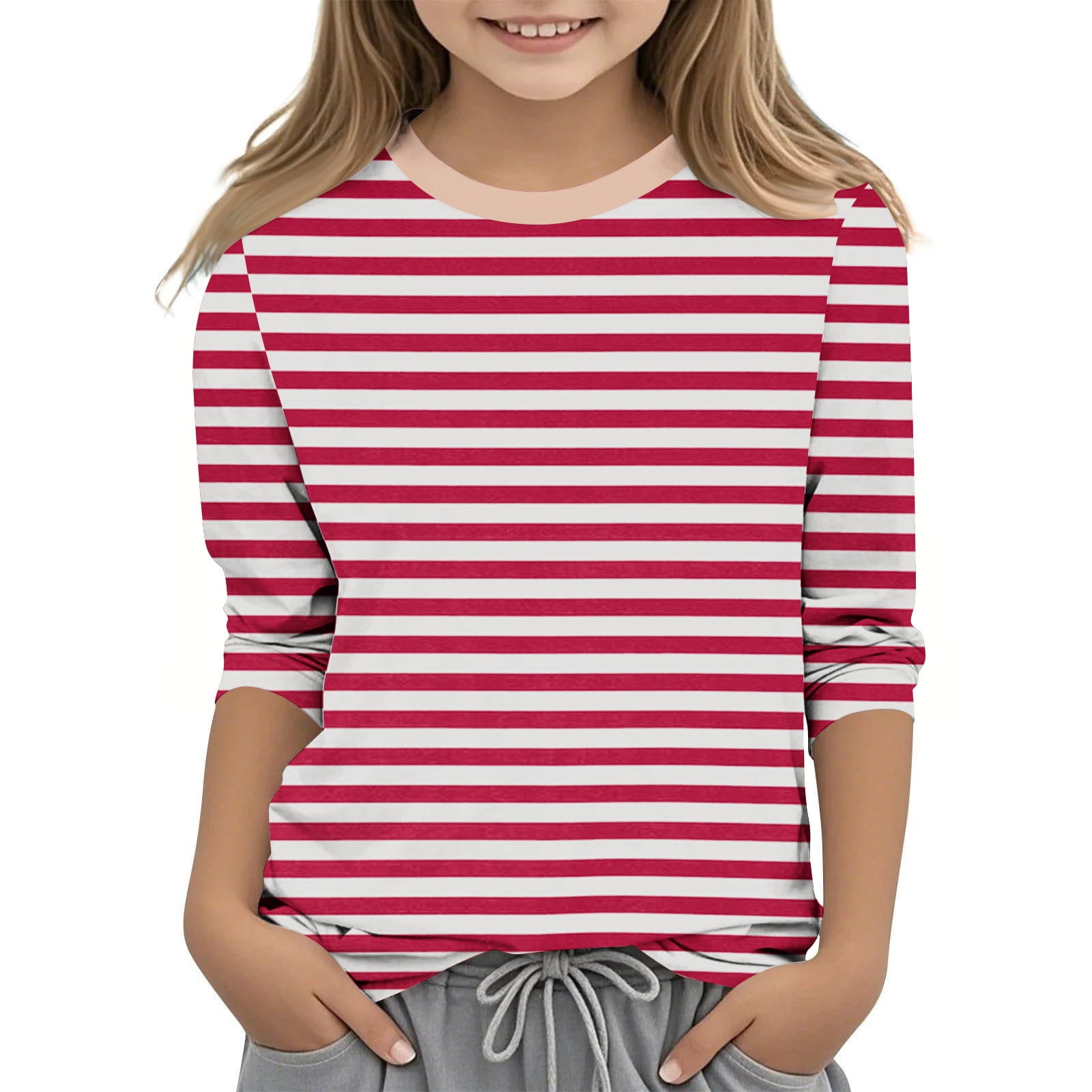 Maean Girls Striped Shirts 3/4 Sleeve Casual Basic Crewneck Tshirts ...