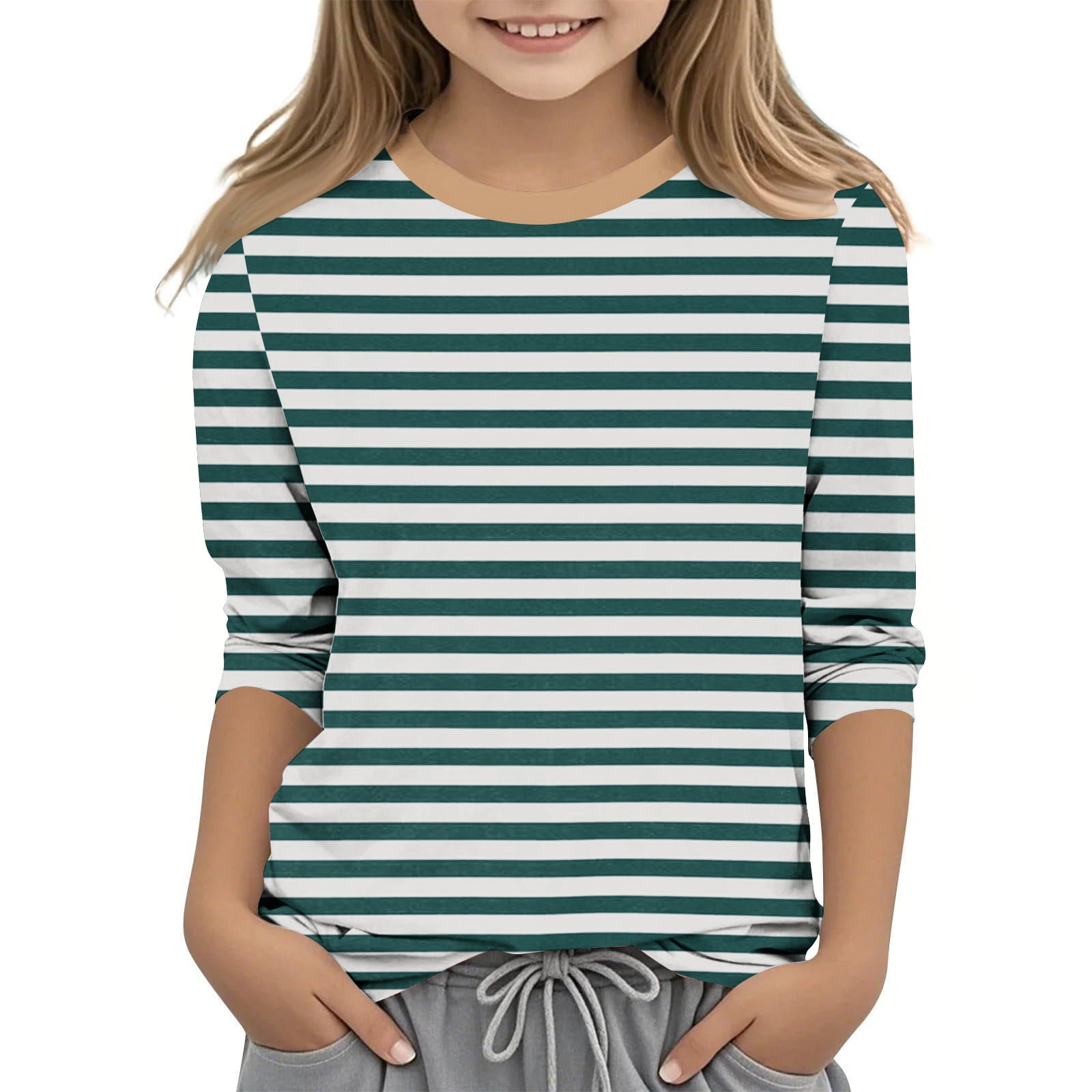 Maean Girls Striped Shirts 3/4 Sleeve Casual Basic Crewneck Tshirts ...