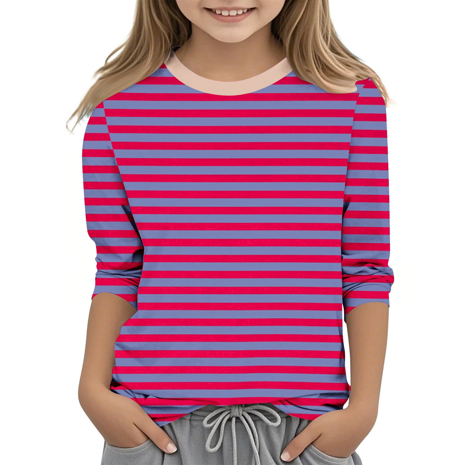 Maean Girls Striped Shirts 3/4 Sleeve Round Neck Causal Pullover Kids ...
