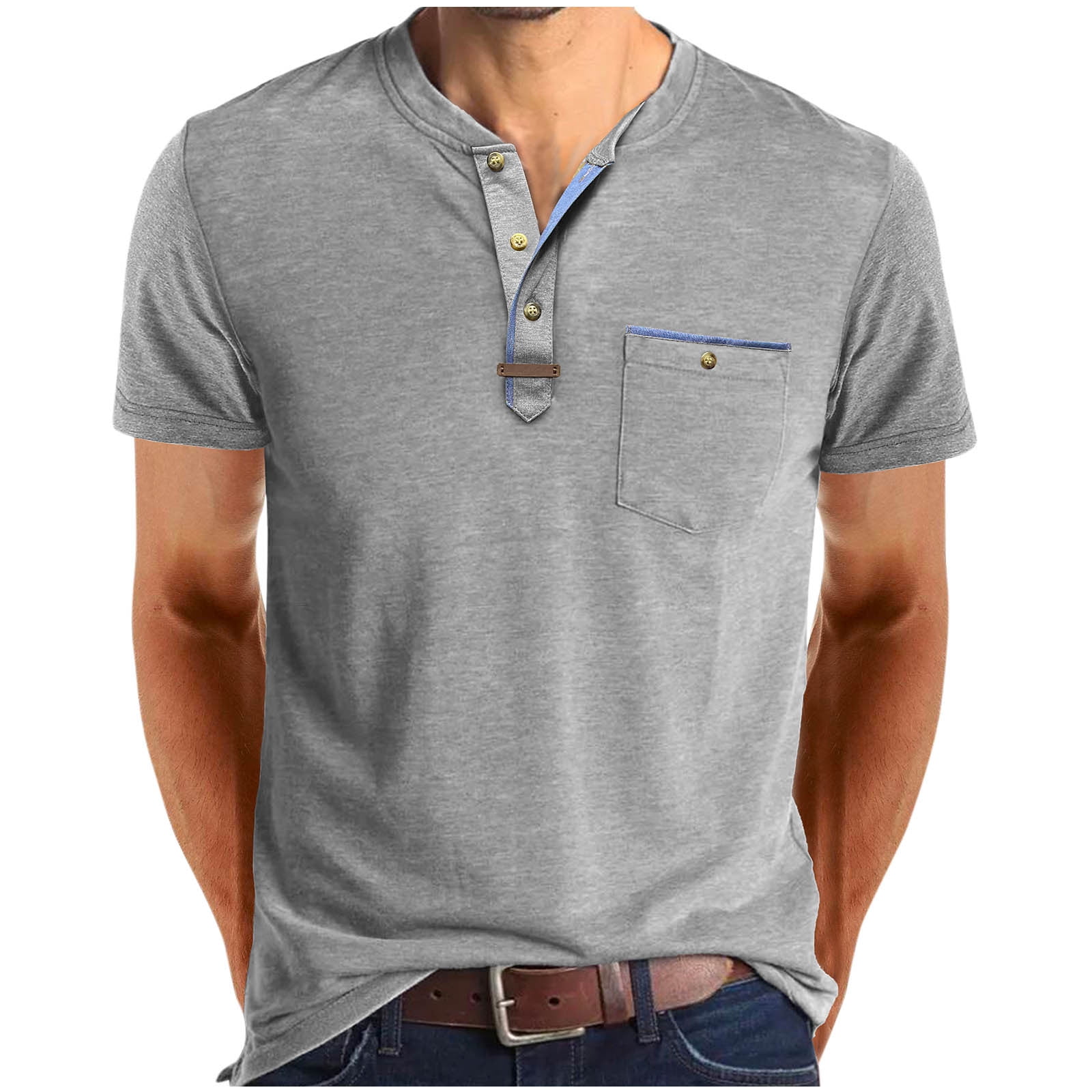 Maean Mens Fashion Shirts Short Sleeve Buttons V Neck Cotton Basic T ...