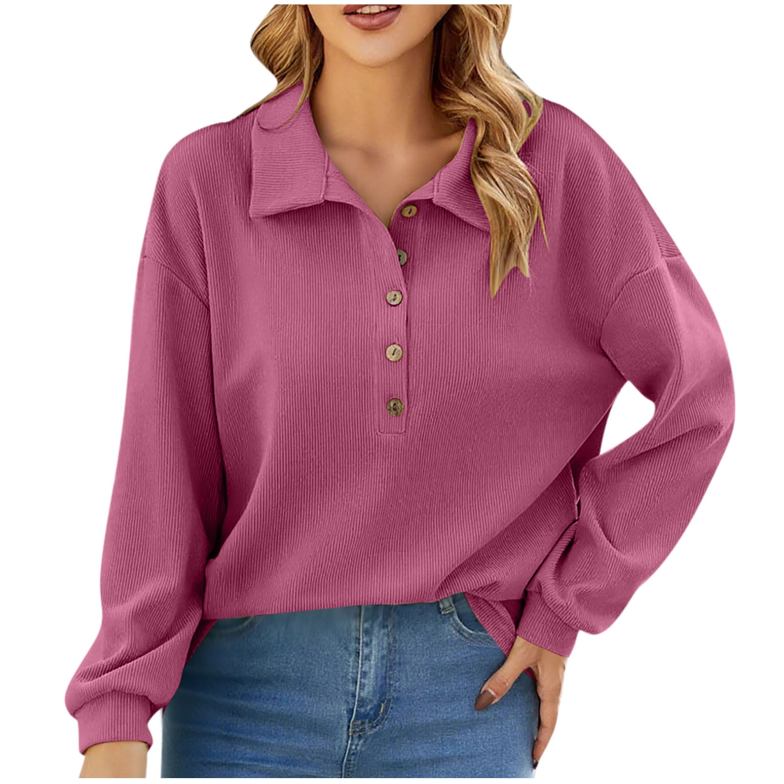 Maean Women Long Sleeve Top Collared Button V Neck Pullover Blouse ...