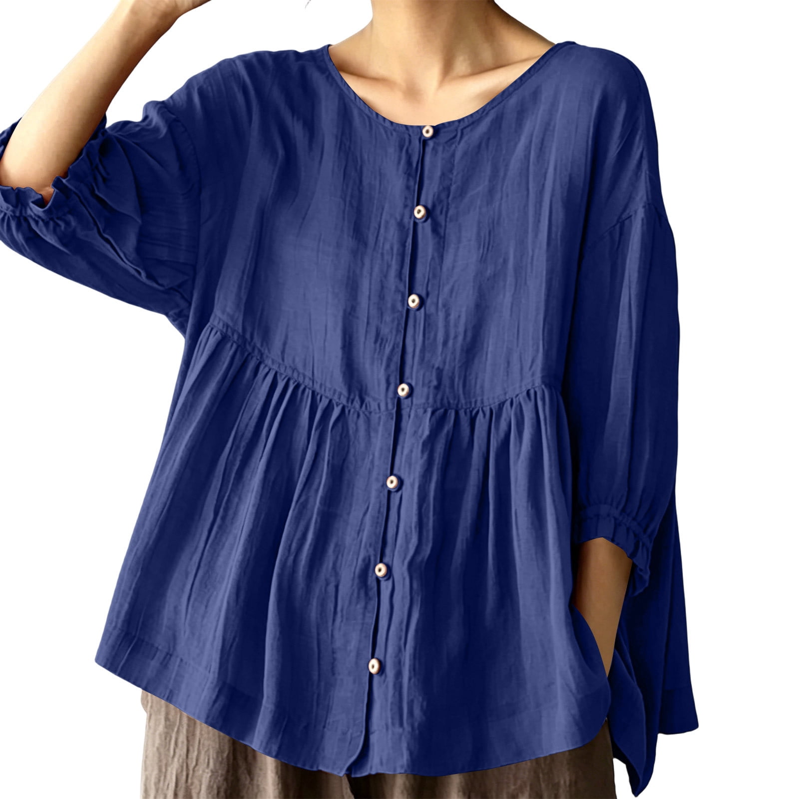 Maean Women's 3/4 Sleeve Tops Loose Button down Shirt Pleated Crew Neck ...