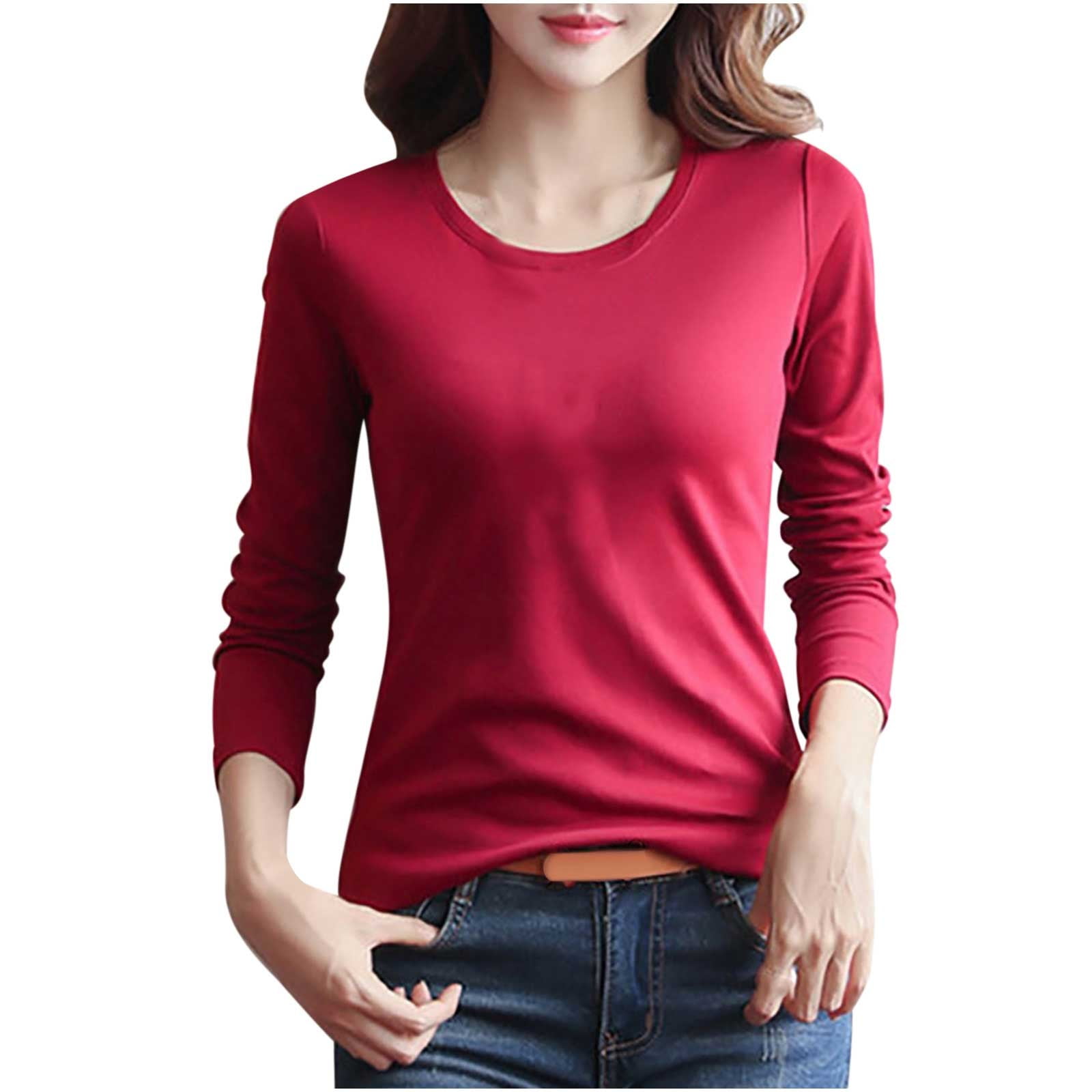 Maean Womens Basic Long Sleeve Shirts Slim Crew Neck Solid Color Causal Tee Fall Lightweight ...