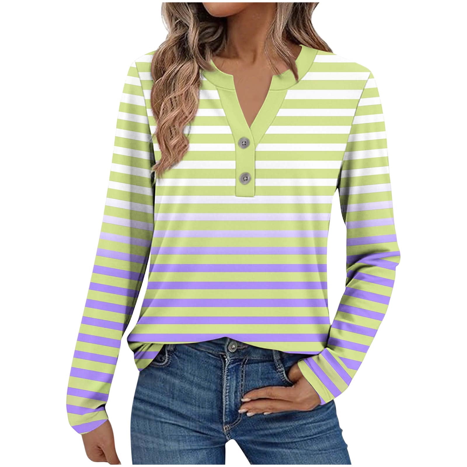 Maean Womens Striped Tops V Neck Buttons Casual Dressy Blouse Long ...