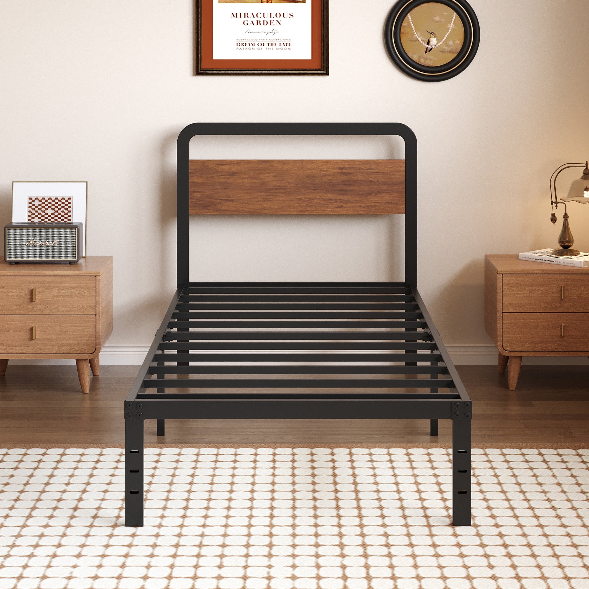 Maenizi Bed Frame Twin with Mahogany Wood Headboard, 12 Inch Heavy Duty ...