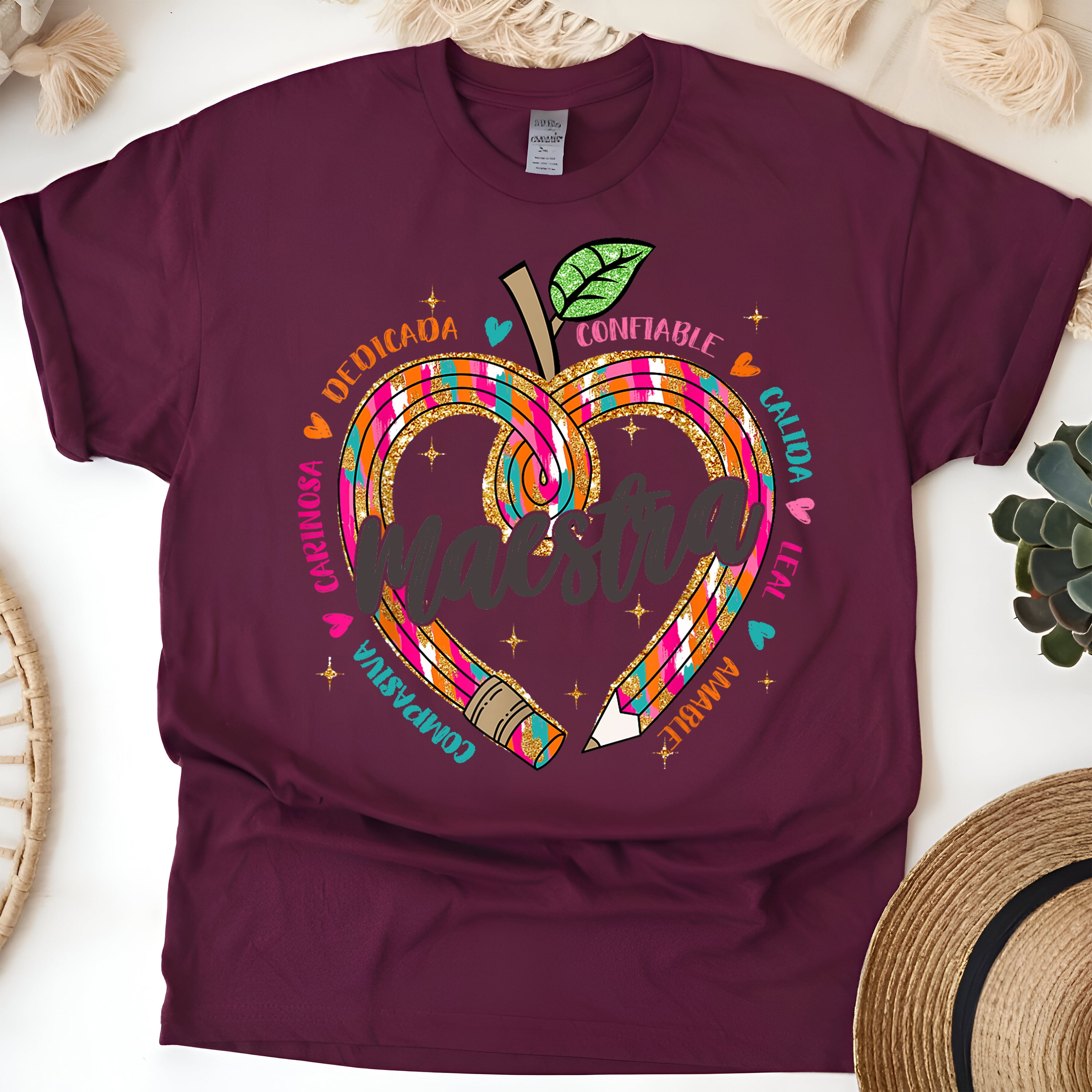 Maestra Serape Heart Pencil T-Shirt, Bilingual Teacher Shirt, Maroon ...
