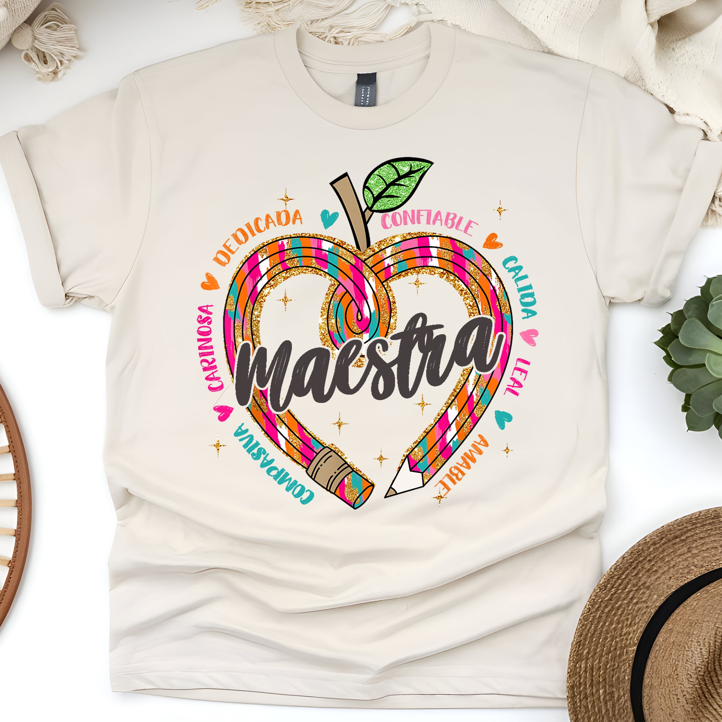 Maestra Serape Heart Pencil T-Shirt, Bilingual Teacher Shirt, Natural ...