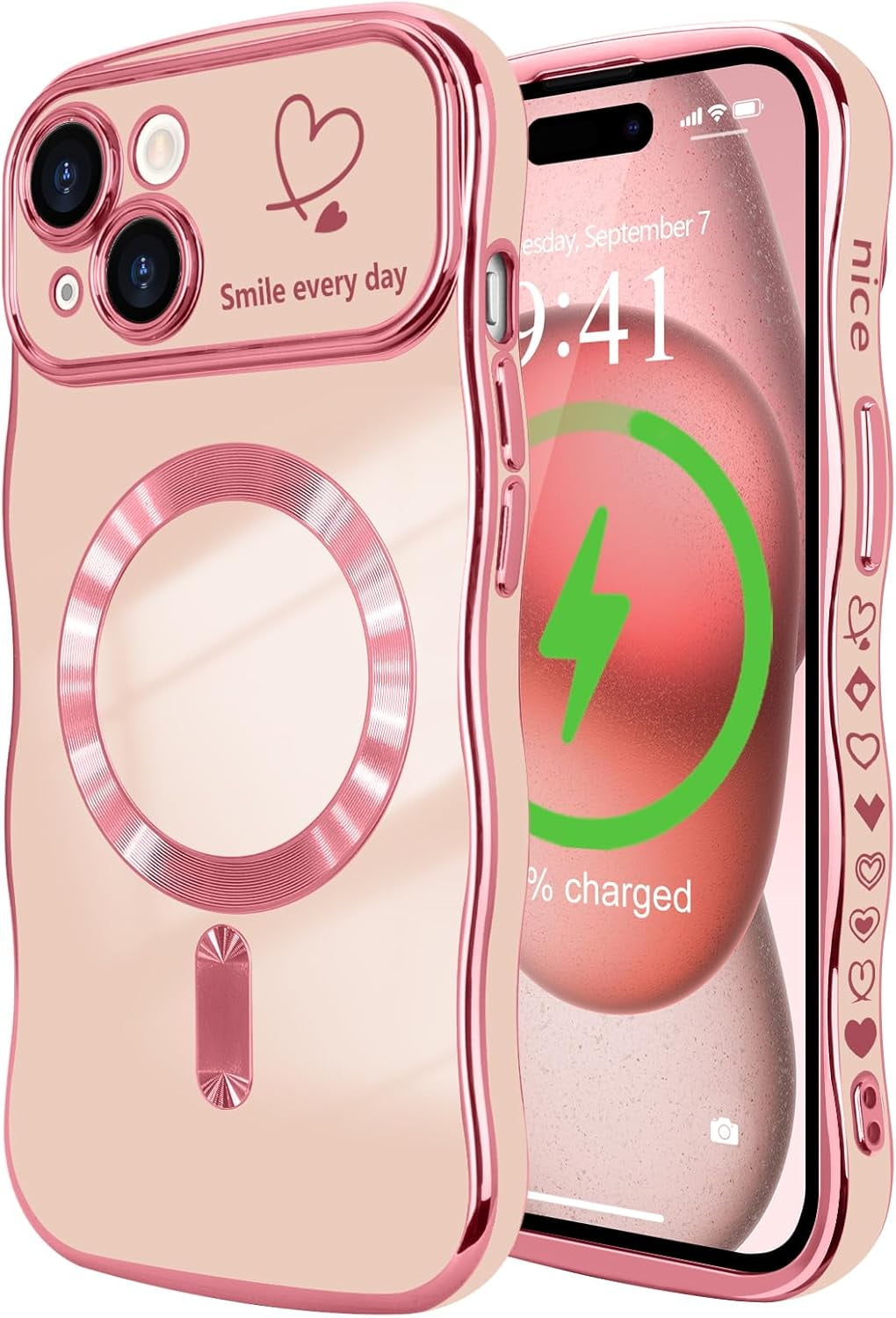 MagSafe Love Heart Silicone Wavy Case for iPhone 15 Plus, Pink ...