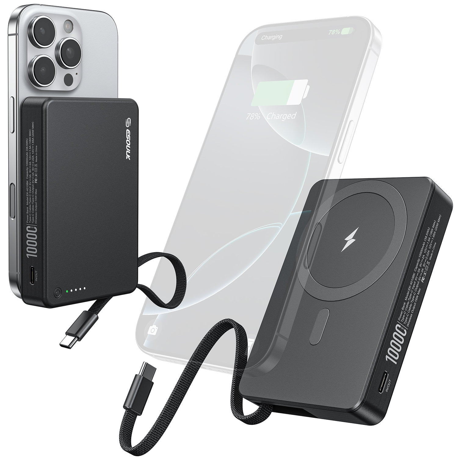 MagSafe Magnetic Power Bank Wireless Charger with Built-in USB-C Cable ...
