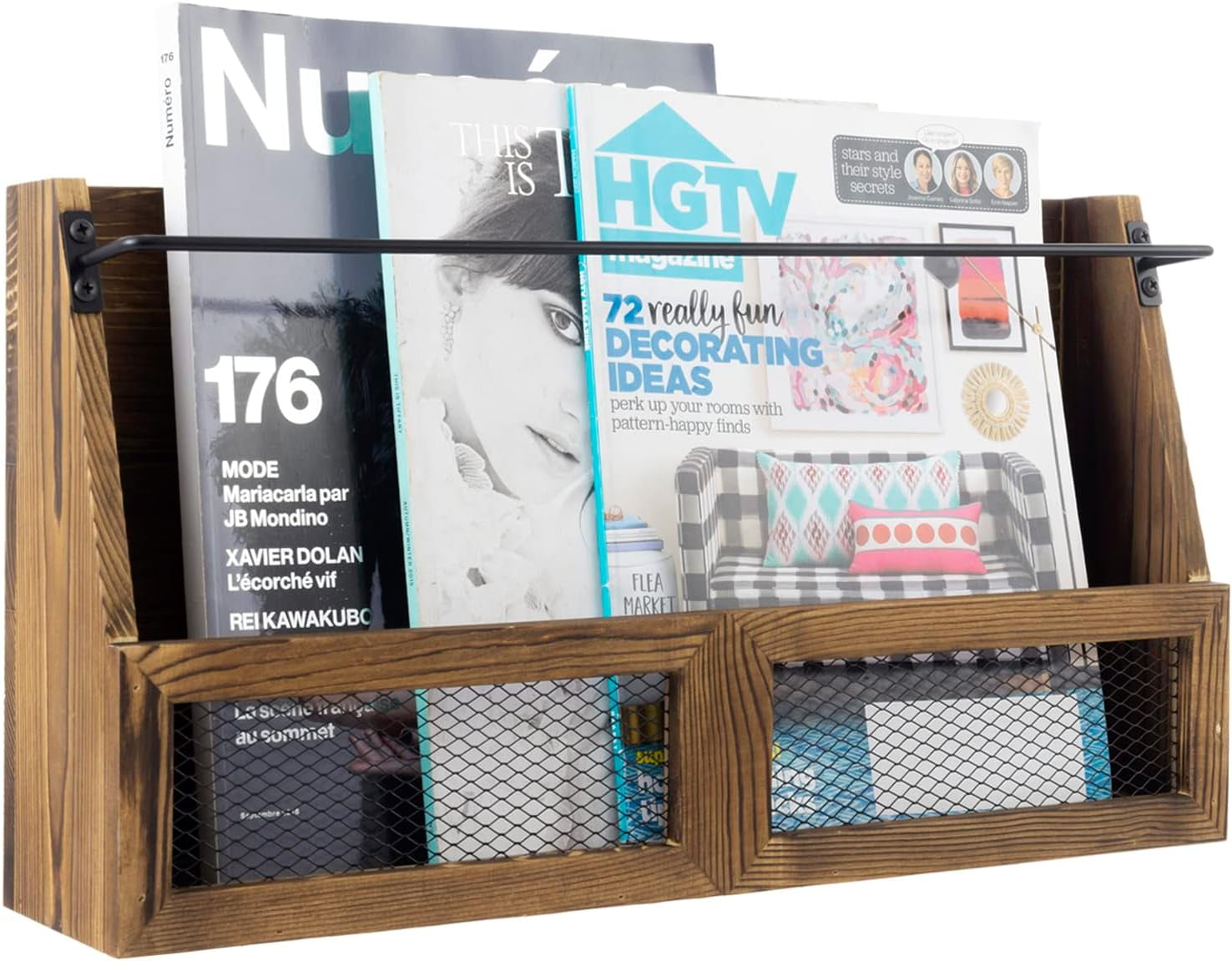 Magazine Holder Wall Mounted Rustic Burnt Solid Wood Double Wide Rack ...