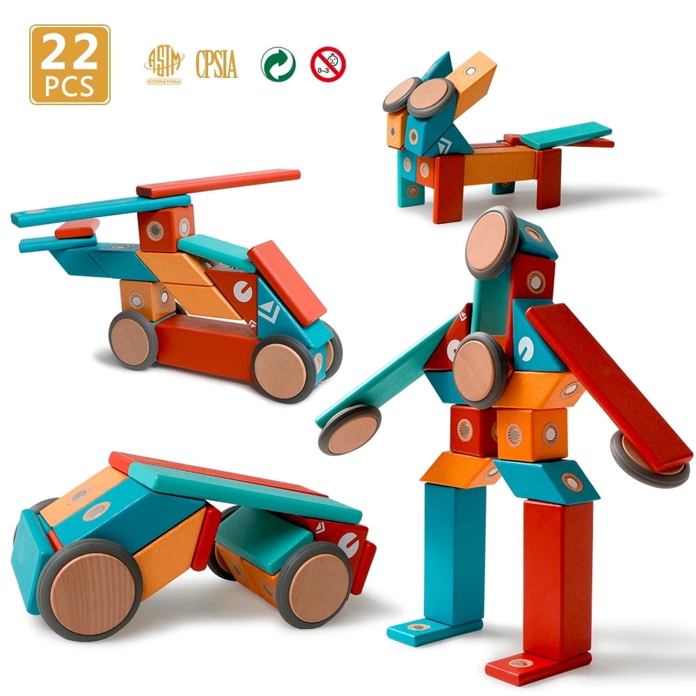 Magblock Kids Creative Wooden Building Blocks, 22 Piece Travel Toy Set ...