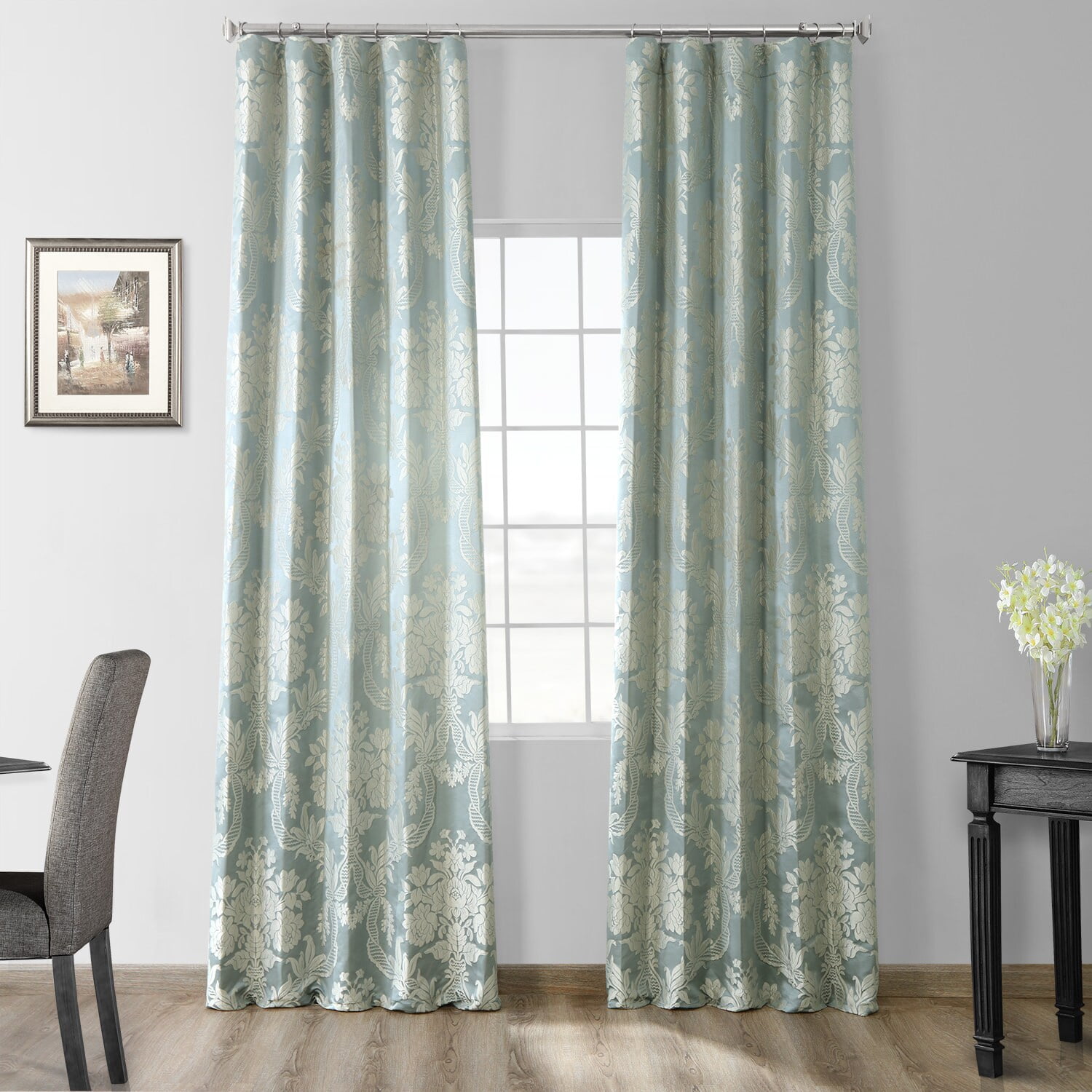 Magdelena Steel Blue & Silver Designer Damask Curtain (1 Panel ...