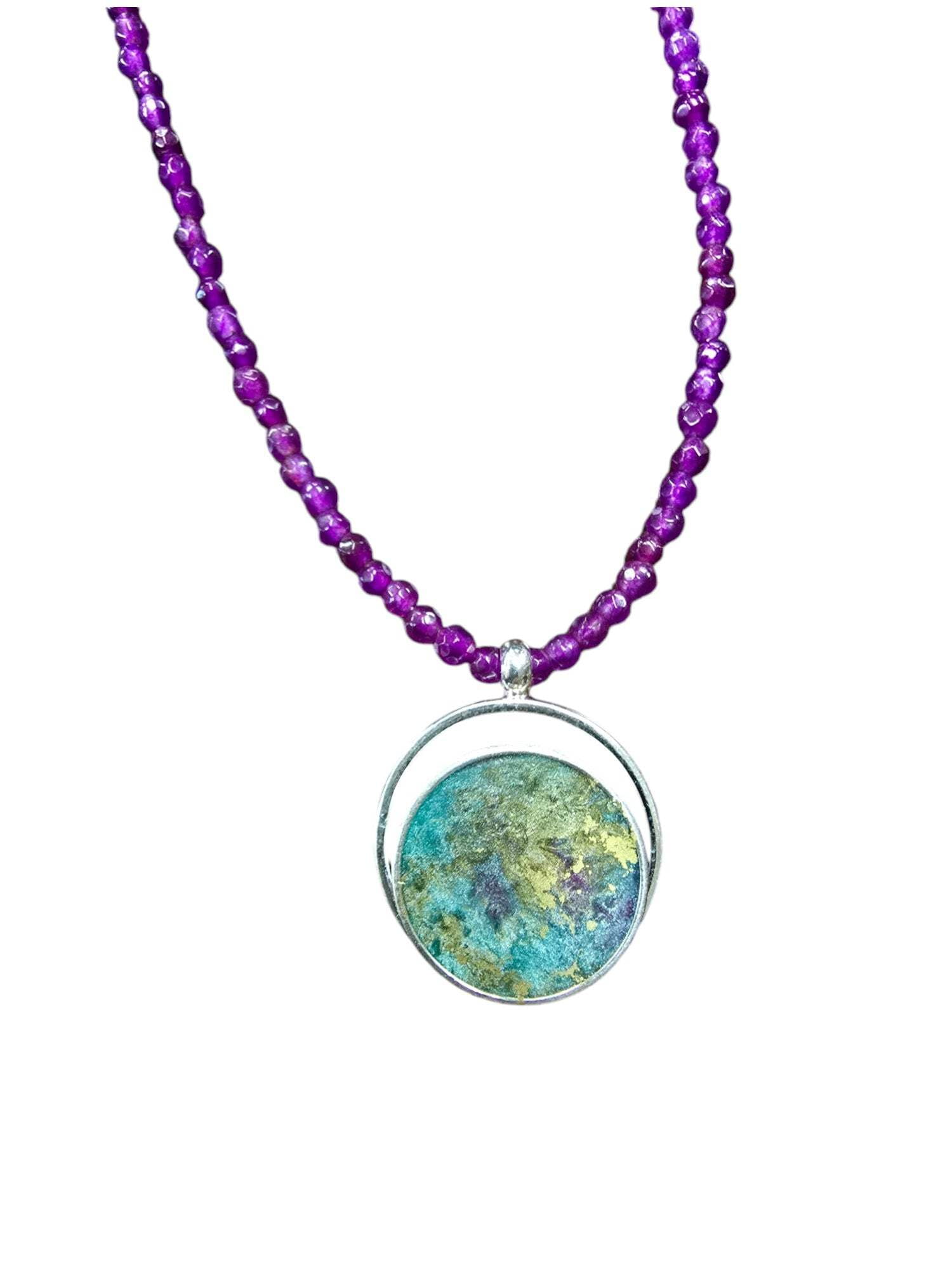 Magenta Beaded Necklace with Sterling Silver Liquid Art Pendant ...