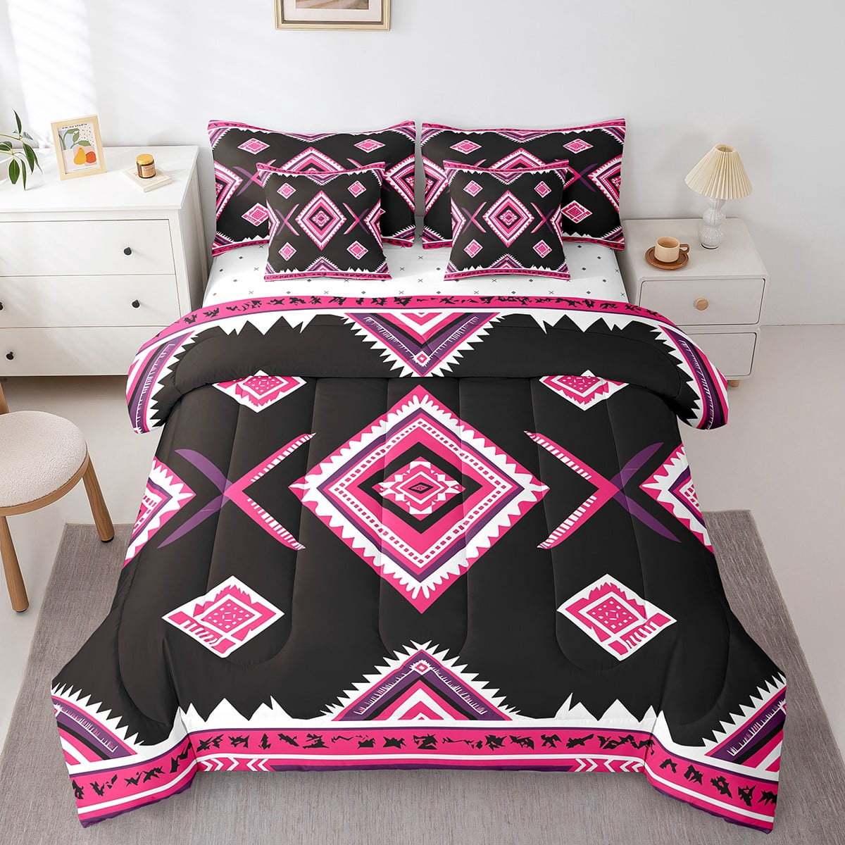 Magenta and Black Geometric Aztec 7 Piece Comforter Set Full Bed in a ...