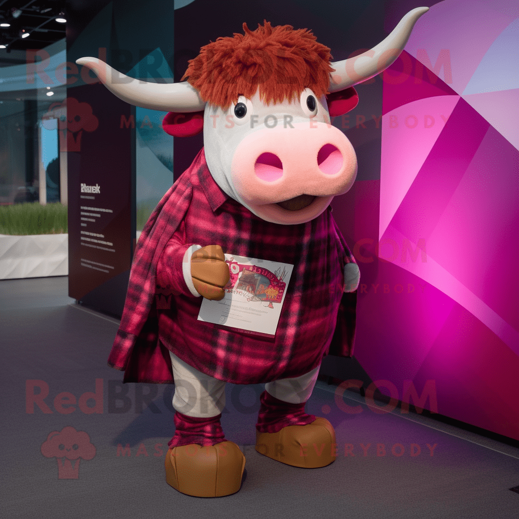 Magenta Bull REDBROKOLY mascot costume character dressed with a Flannel ...