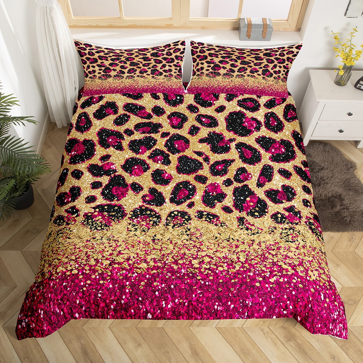 Magenta Cheetah Print Duvet Cover Set Gold Sequin Print Queen Bedding ...