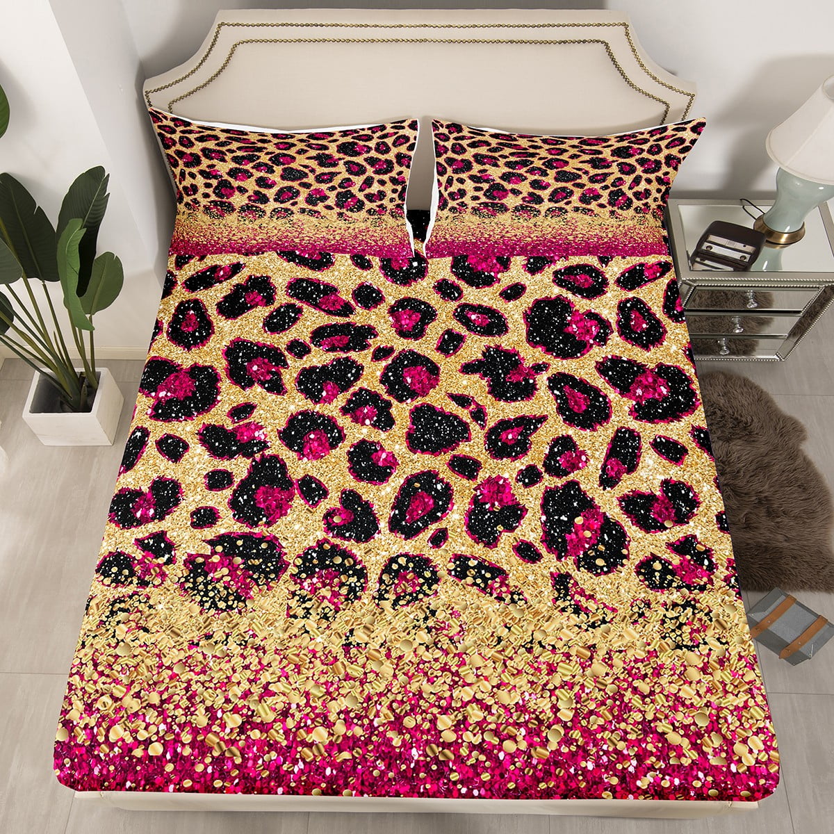 Magenta Cheetah Print Fitted Sheet Gold Sequin Print Bed Sheets Twin ...
