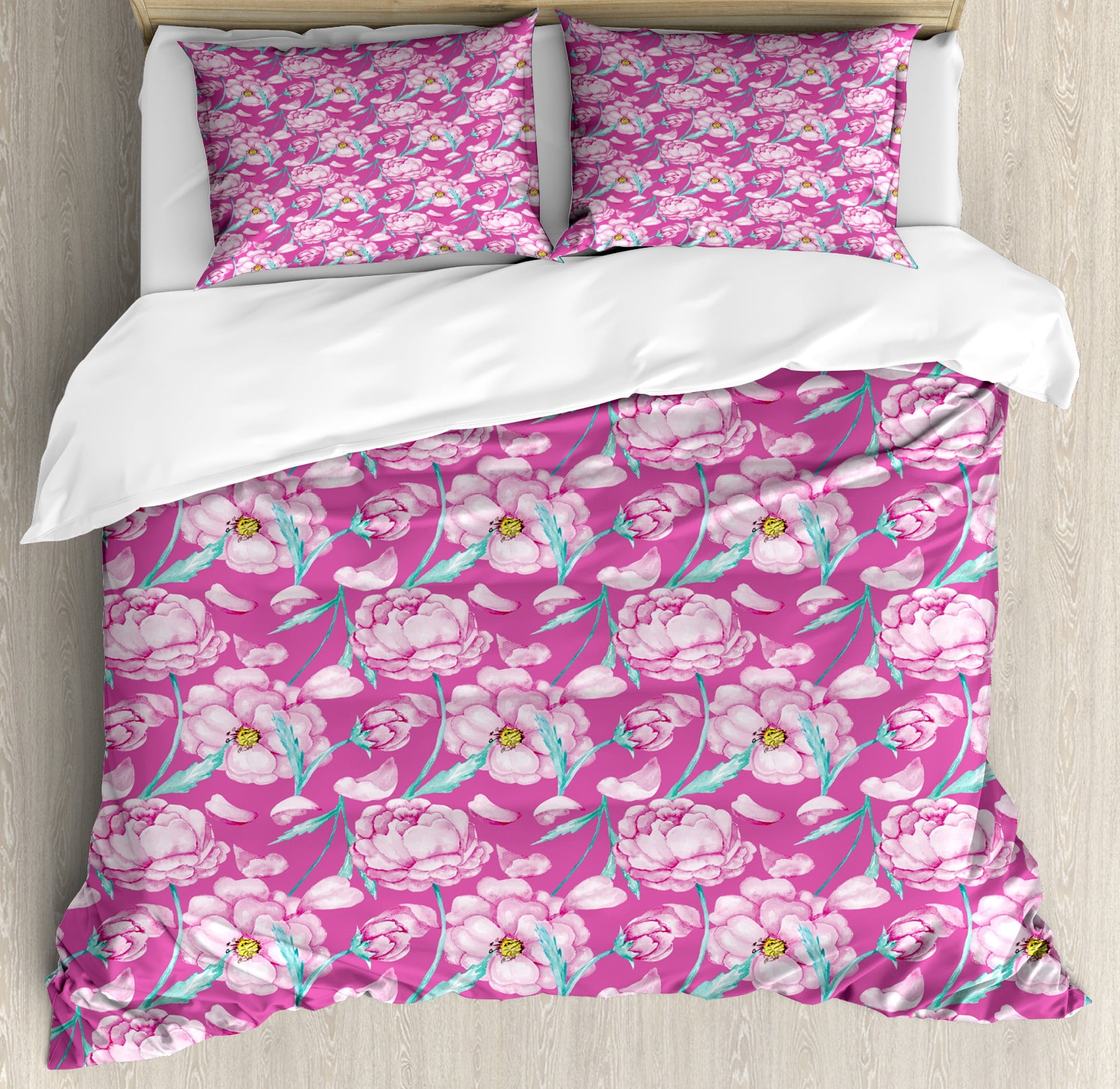 Magenta Duvet Cover Set, Peony Flowers Blossom in Vibrant Colors ...