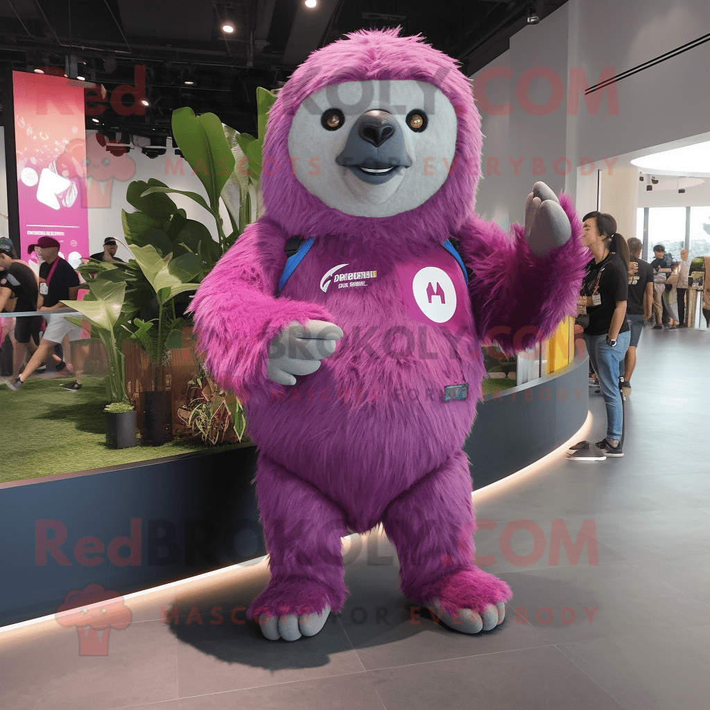 Magenta Giant Sloth REDBROKOLY mascot costume character dressed with a ...