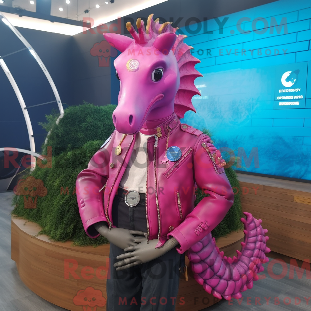 Magenta Sea Horse REDBROKOLY mascot costume character dressed with a ...