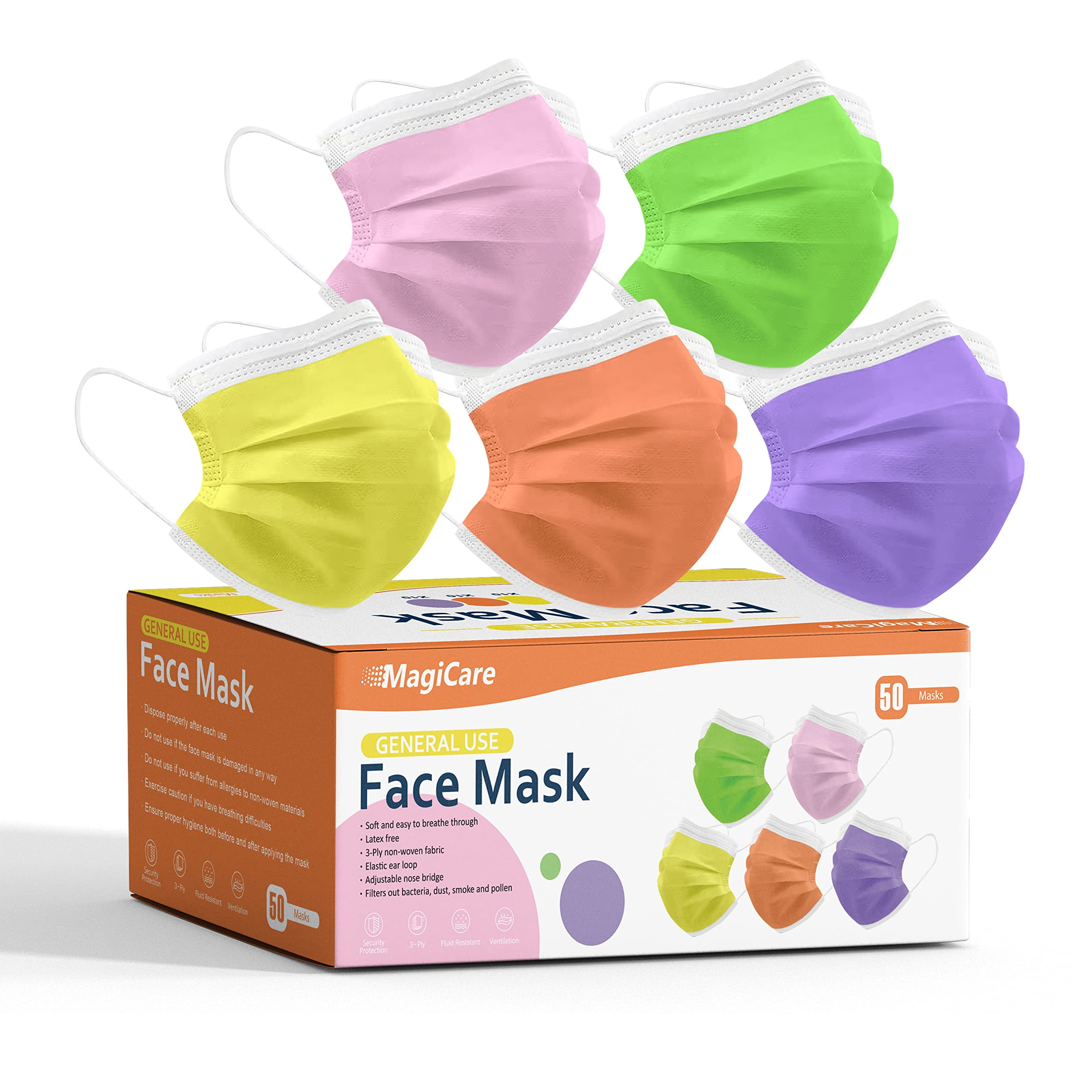 Magicare Protective Face Masks 50 Pack with 5 Bright Neon Colors 3 ...