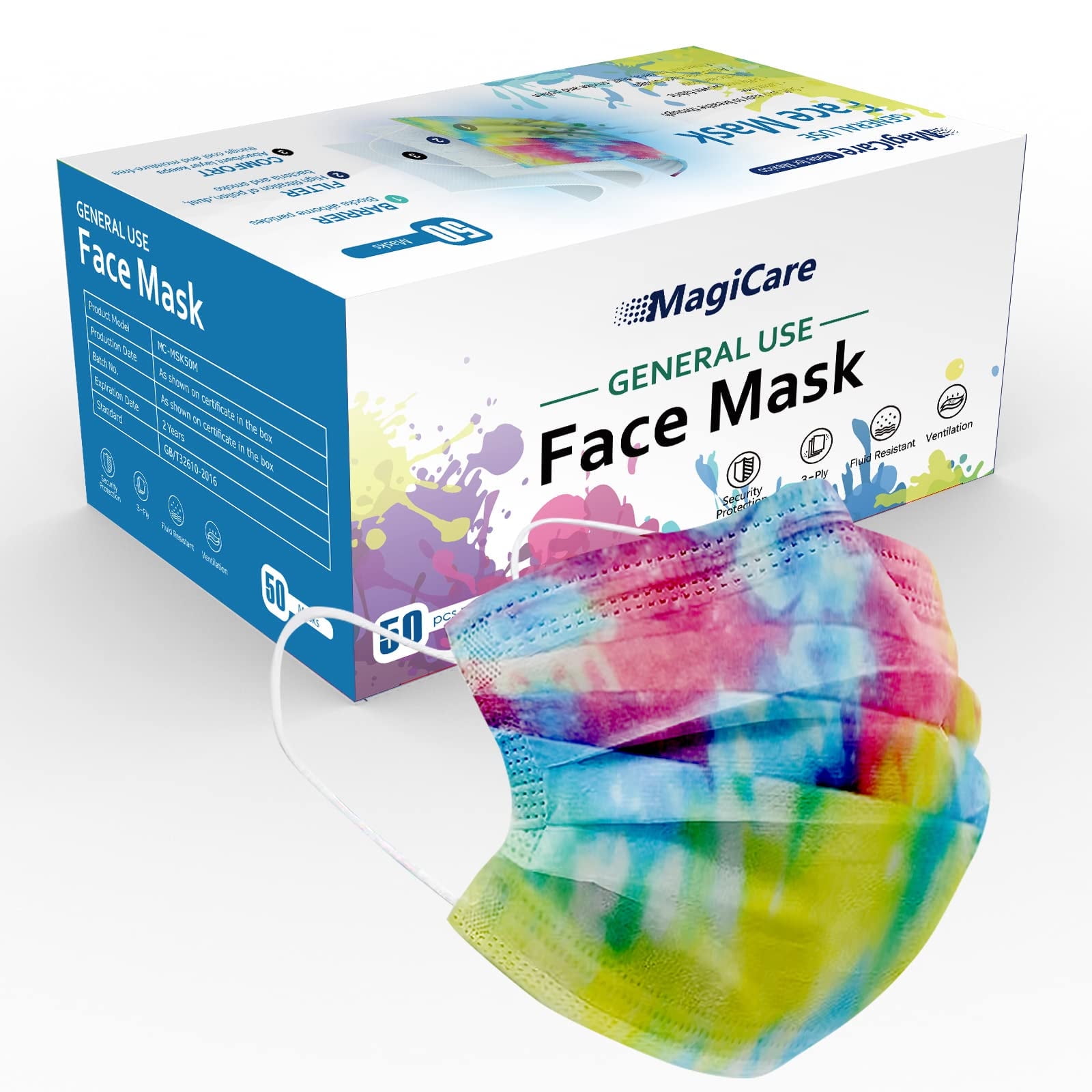 Magicare Protective Face Masks, Breathable 3 Layer, Tie Dye Pattern, 50 ...