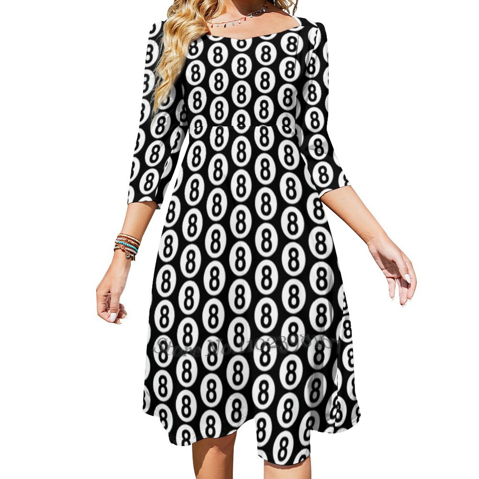 Magic 8 Ball Square Neck Dress Cute Loose Print Dresses Elegant Beach ...